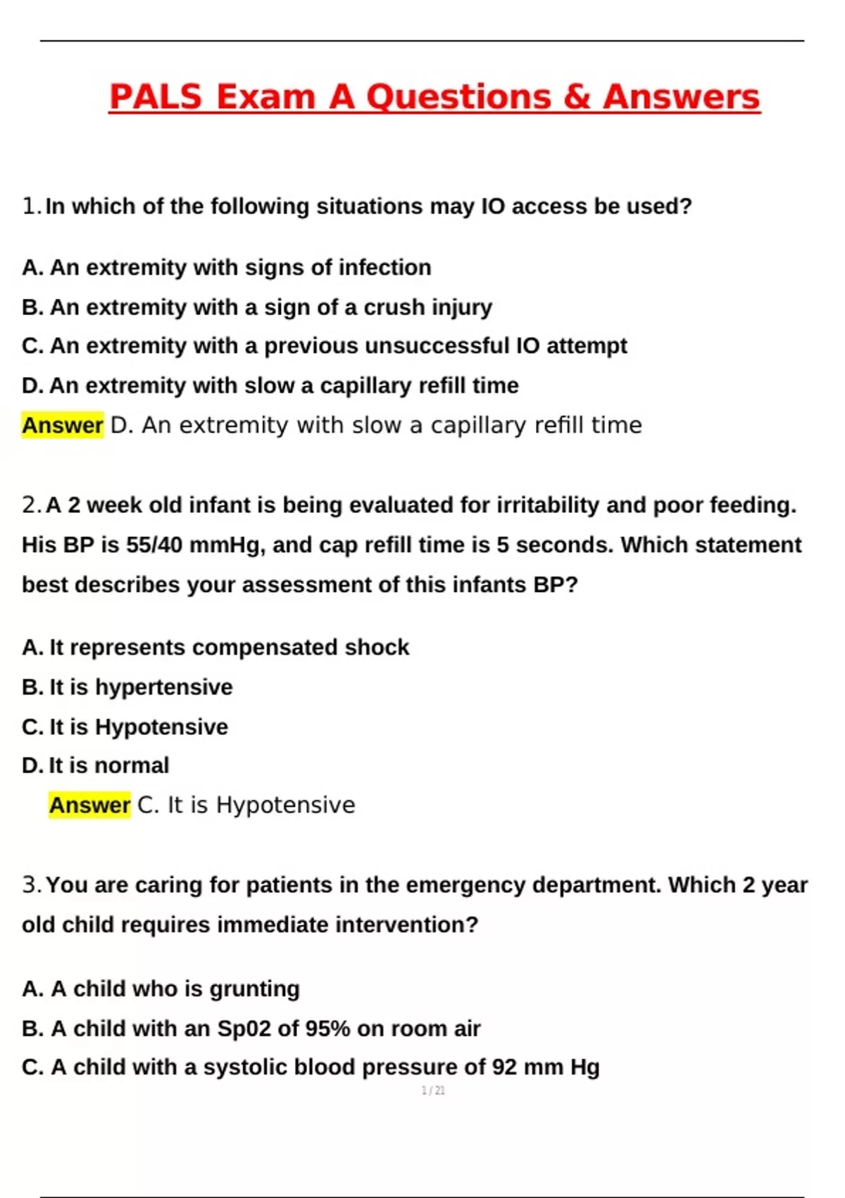 PALS EXAM A (Latest 2025 / 2026): Most Comprehensive Qs & Ans - to Pass ...
