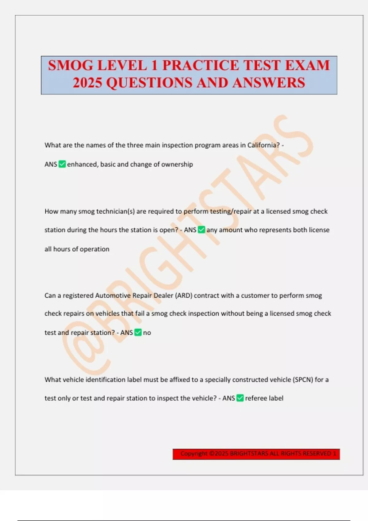 SMOG LEVEL 1 PRACTICE TEST EXAM 2025 QUESTIONS AND ANSWERS - SMOG ...