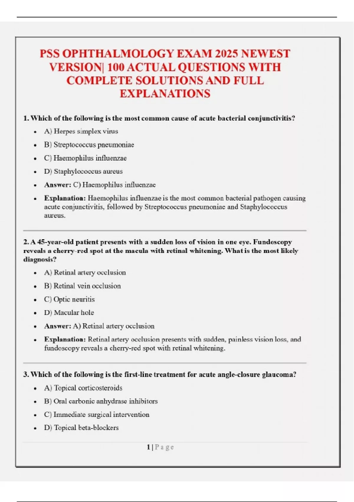 PSS OPHTHALMOLOGY EXAM 2025 NEWEST VERSION 100 ACTUAL QUESTIONS WITH ...
