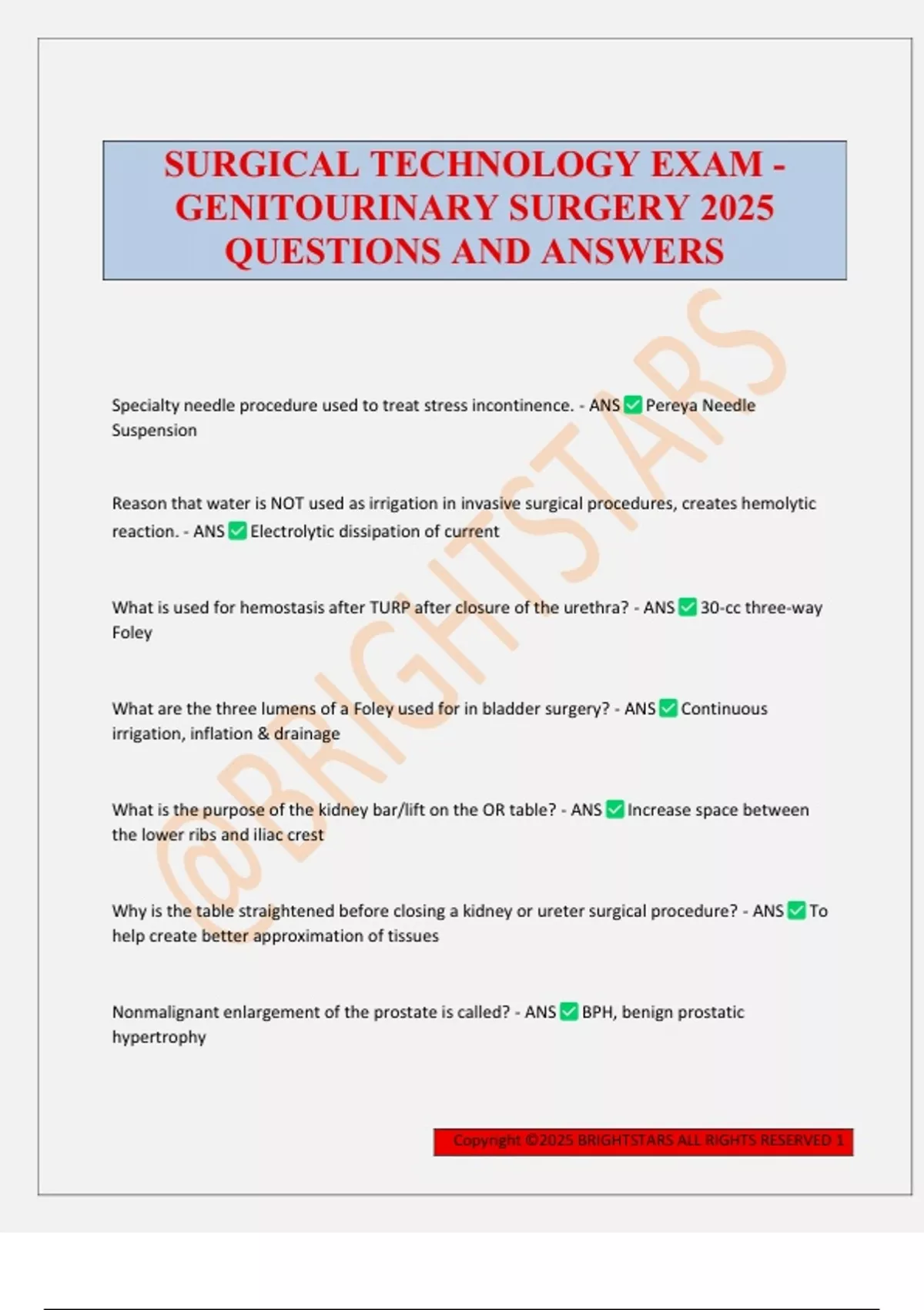 Surgical Technology Exam Genitourinary Surgery 2025 Questions And