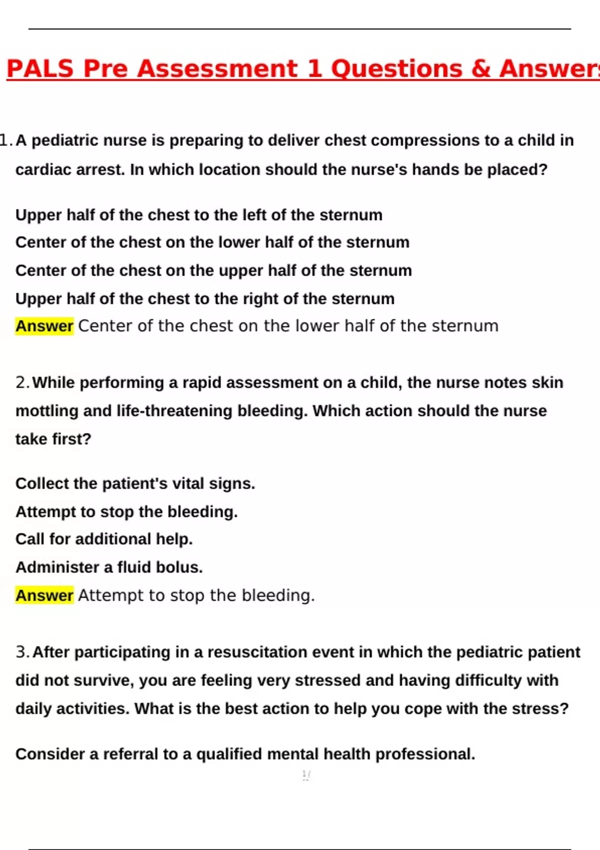 PALS Pre Assessment 1 Exam (Latest 2025 / 2026): Most Comprehensive Qs ...