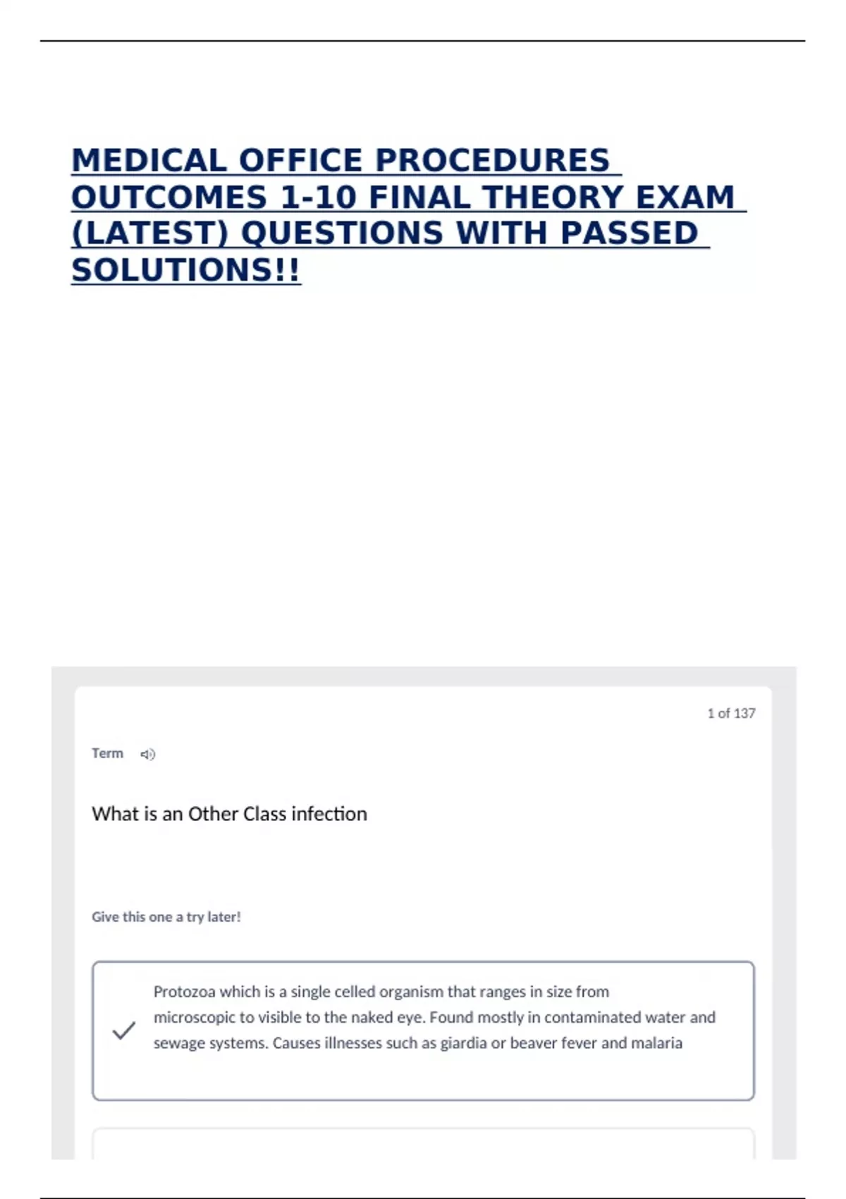 MEDICAL OFFICE PROCEDURES OUTCOMES 1-10 FINAL THEORY EXAM (LATEST ...