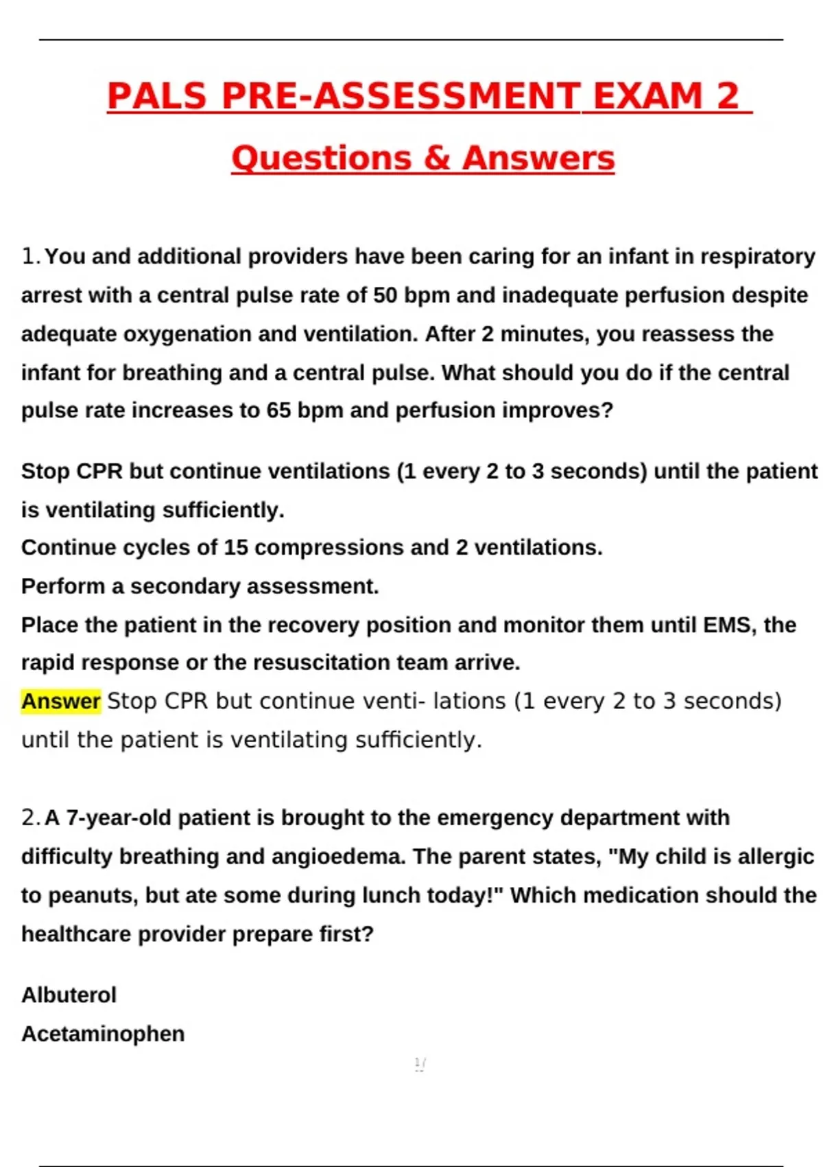 PALS Pre Assessment 2 Exam (Latest 2025 / 2026): Most Comprehensive Qs ...