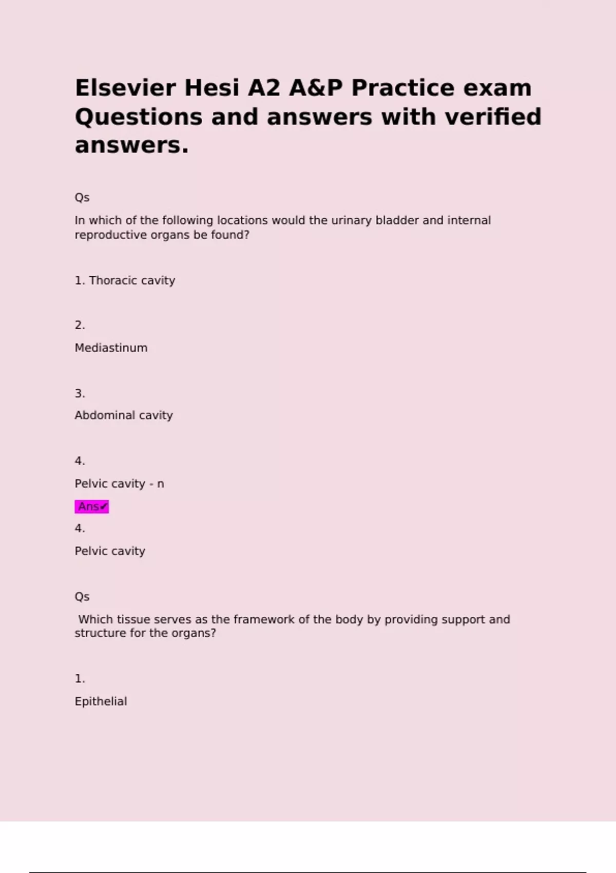 Elsevier Hesi A2 A&P Practice exam Questions and answers with verified answers. Qs In which of ...
