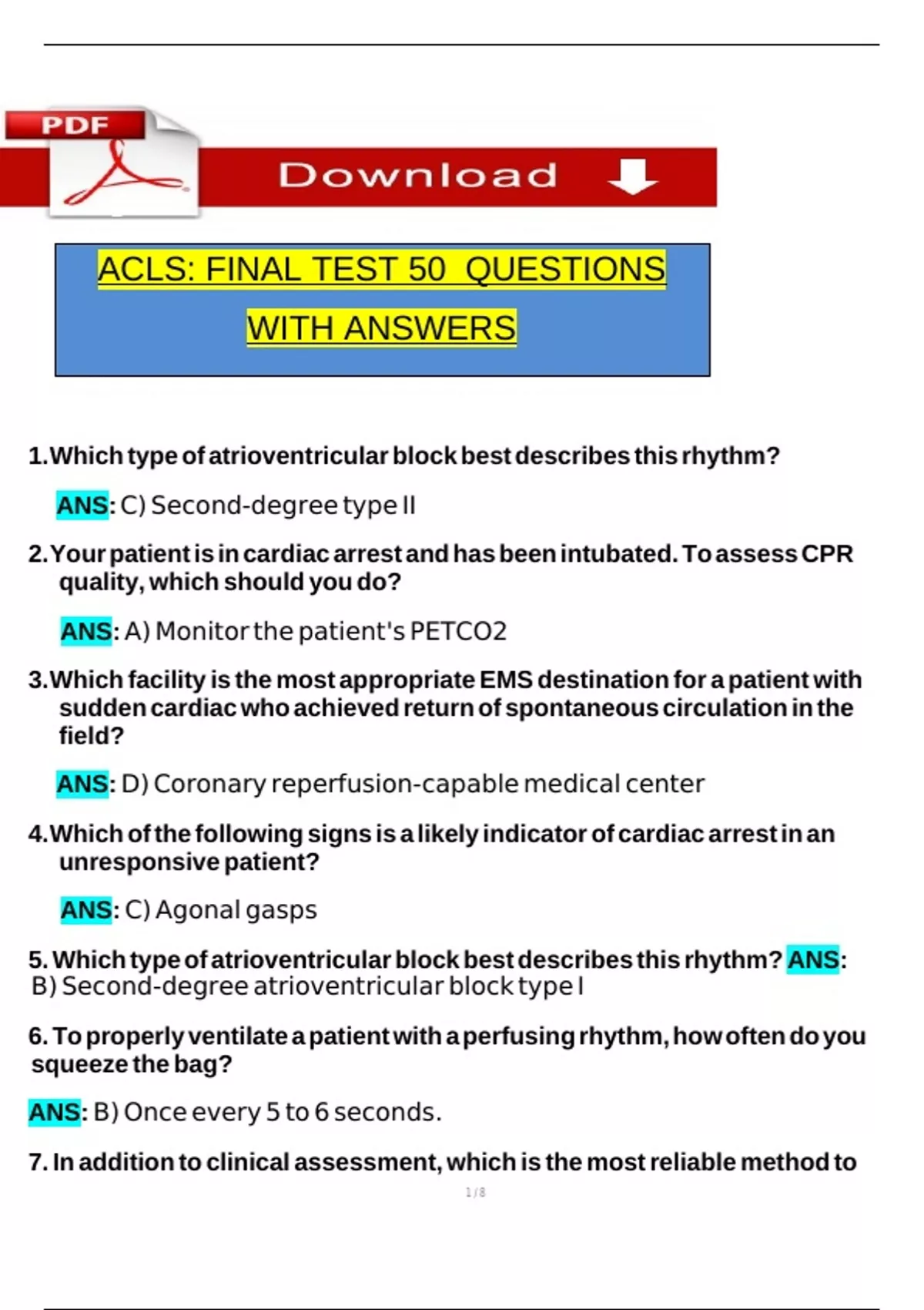 ACLS: FINAL TEST QUESTIONS AND ANSWERS - Acls - Stuvia US