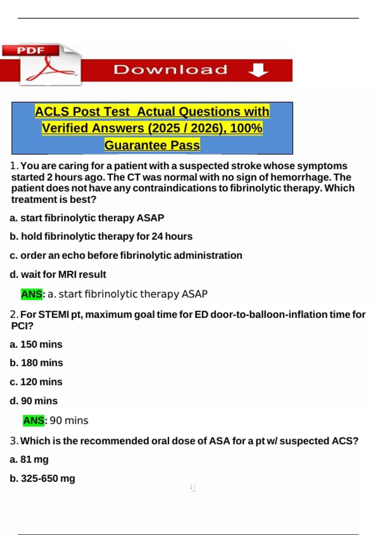 ACLS Post Test Actual Questions with Verified Answers (2025 / 2026 ...