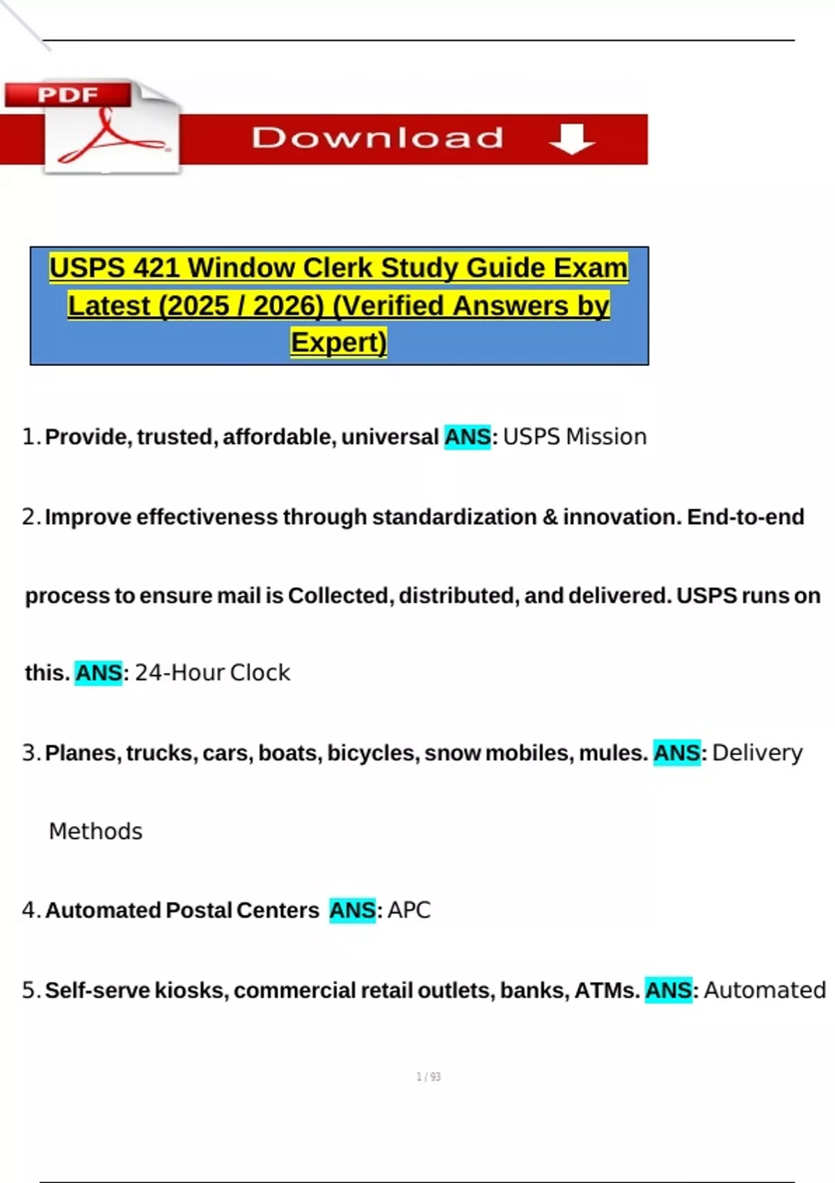 USPS 421 Window Clerk Study Guide Exam Latest (2025 / 2026) (Verified ...