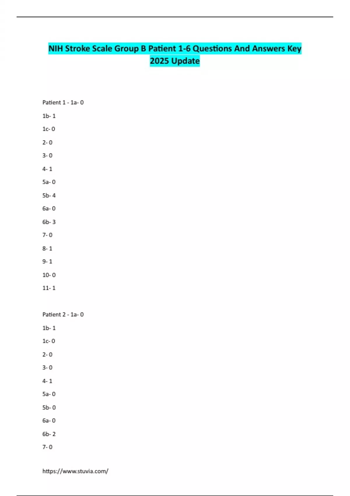 NIH Stroke Scale Group B Patient 1-6 Questions And Answers Key 2025 ...