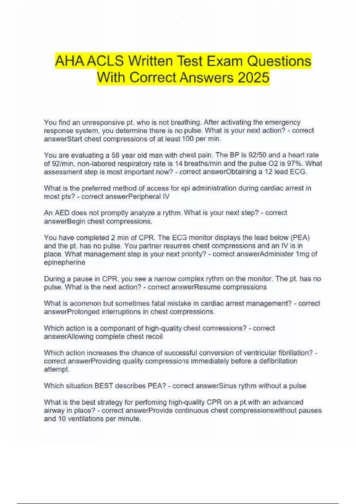 AHA ACLS Written Test Exam Questions With Correct Answers 2025 - AHA ...