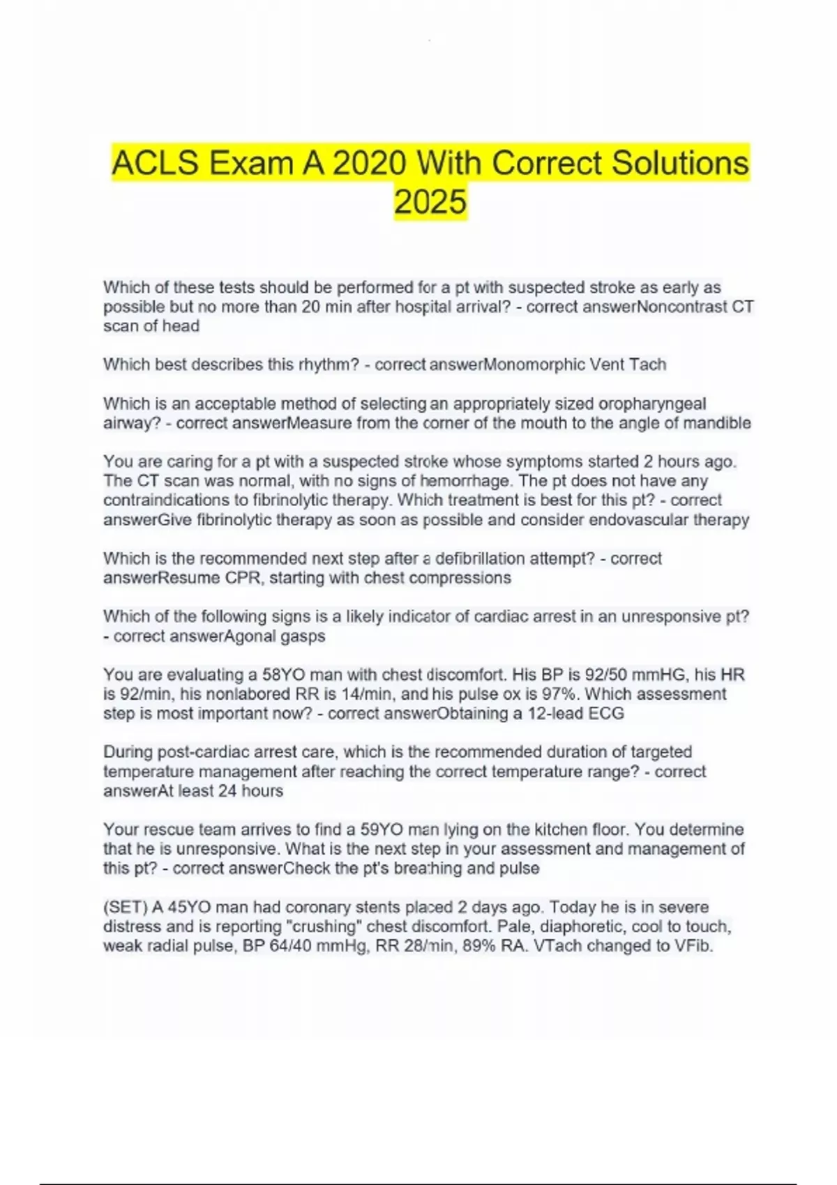 ACLS Exam A 2020 With Correct Solutions 2025 - AHA ACLS 2023 - Stuvia US