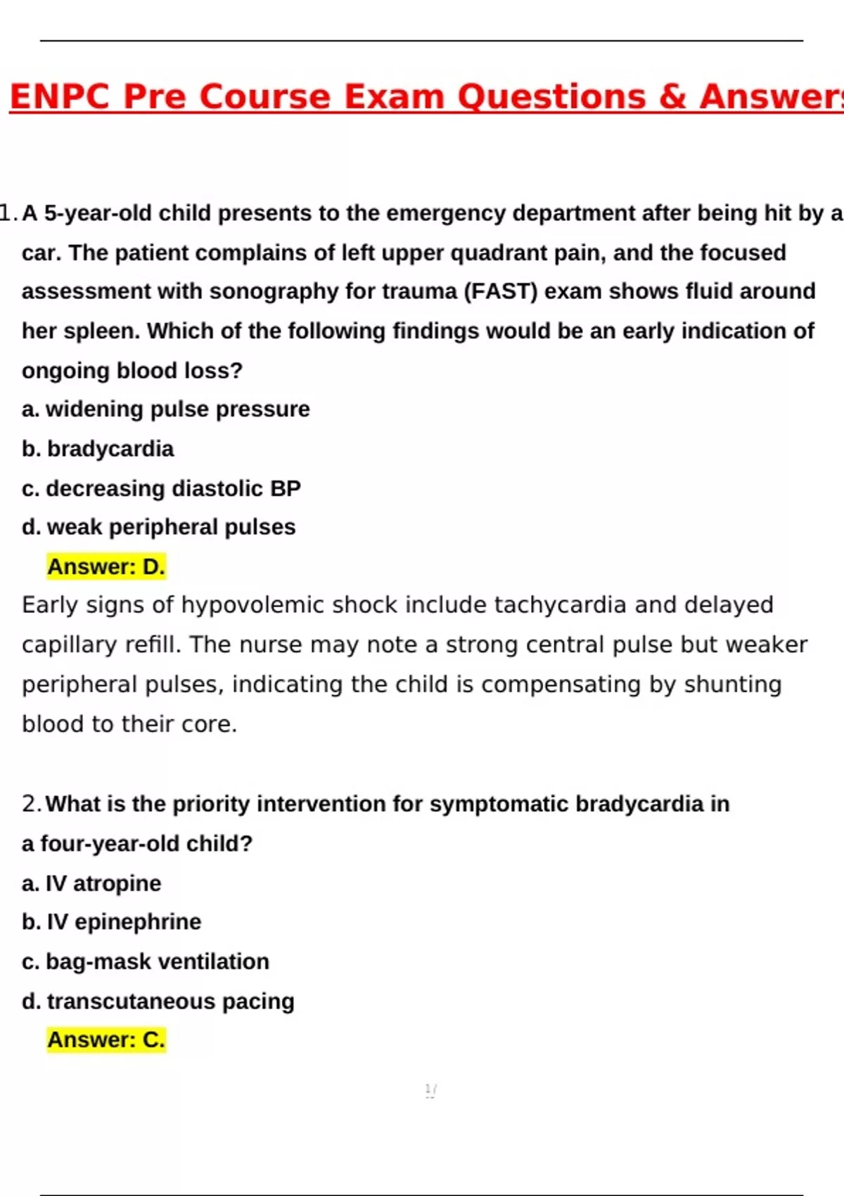 ENPC Pre Course Exam (Latest 2025 / 2026) Questions and Answers with ...