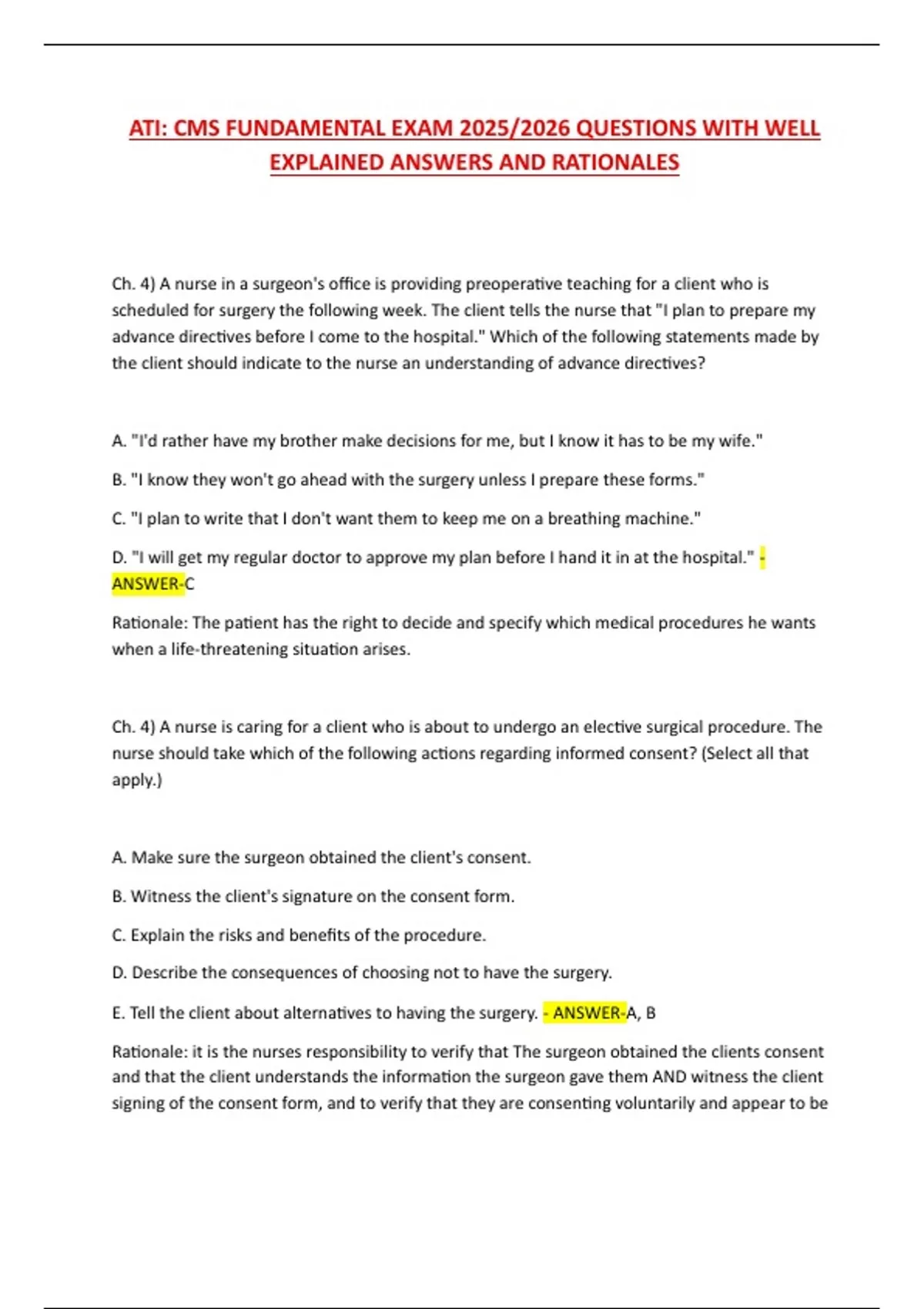 ATI: CMS FUNDAMENTAL EXAM 2025/2026 QUESTIONS WITH WELL EXPLAINED ...