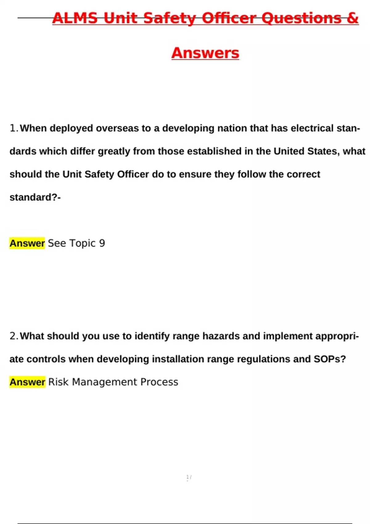 ALMS Unit Safety Officer (Latest 2025 / 2026) Questions and Answers ...