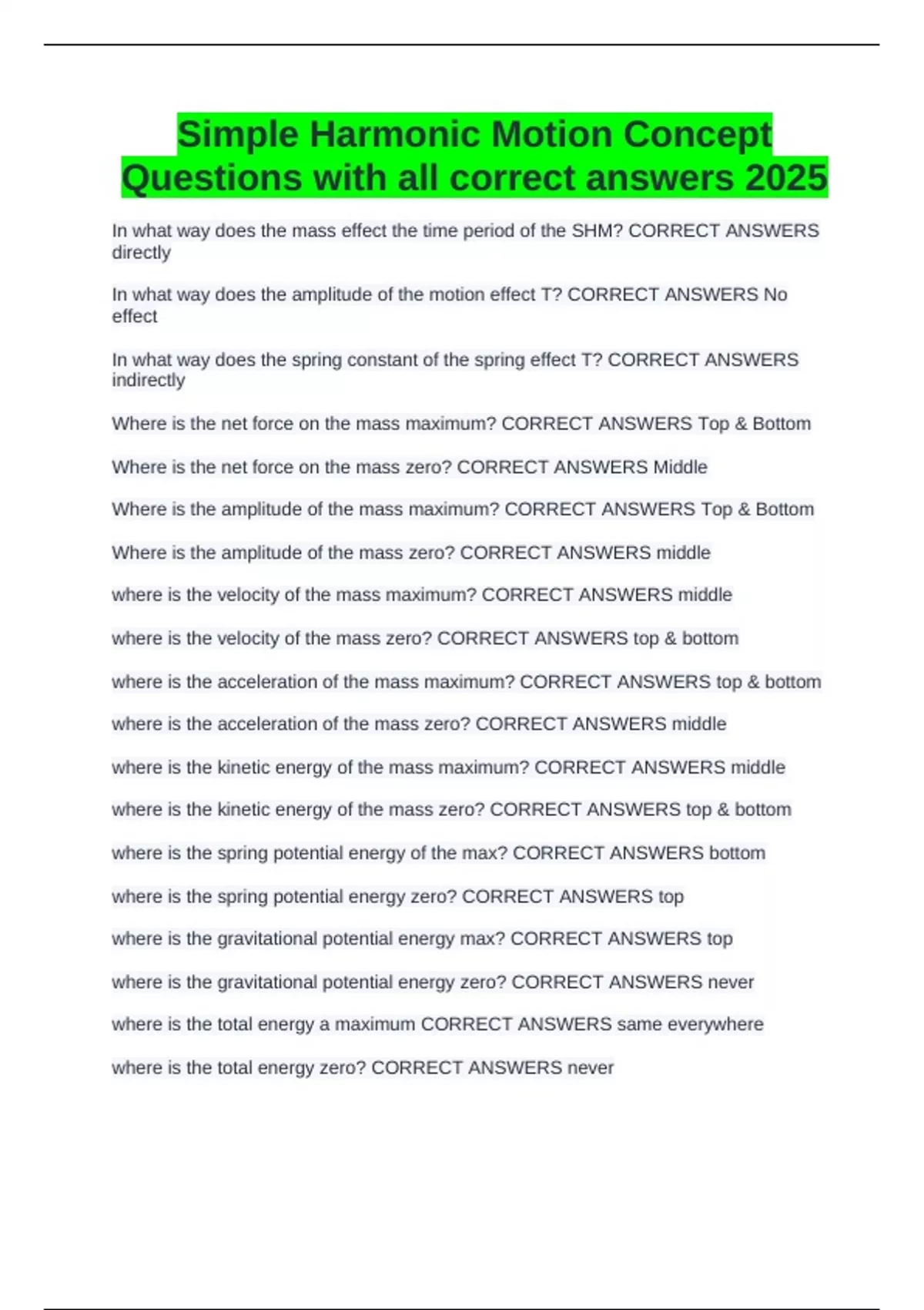 Simple Harmonic Motion Concept Questions with all correct answers 2025 ...