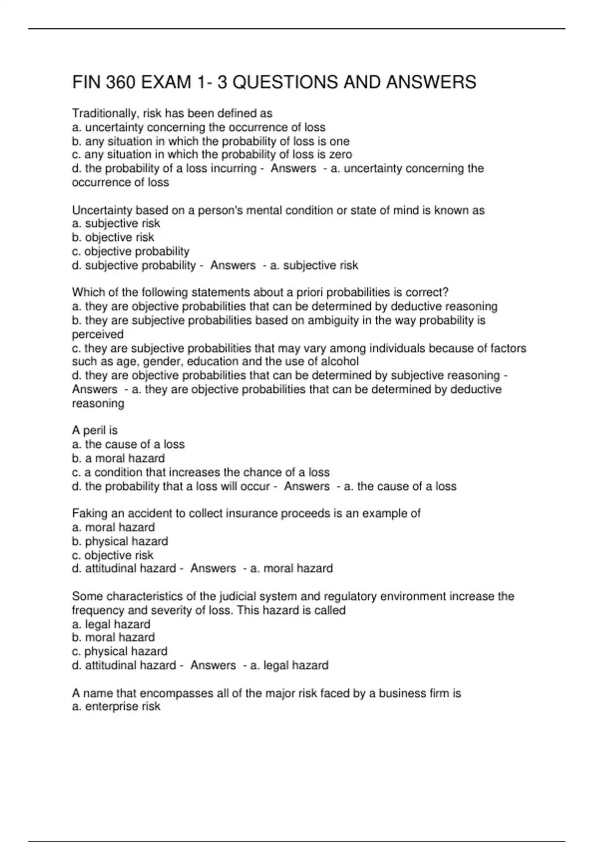 FIN 360 EXAM 1- 3 QUESTIONS AND ANSWERS - FIN 360 - Stuvia US