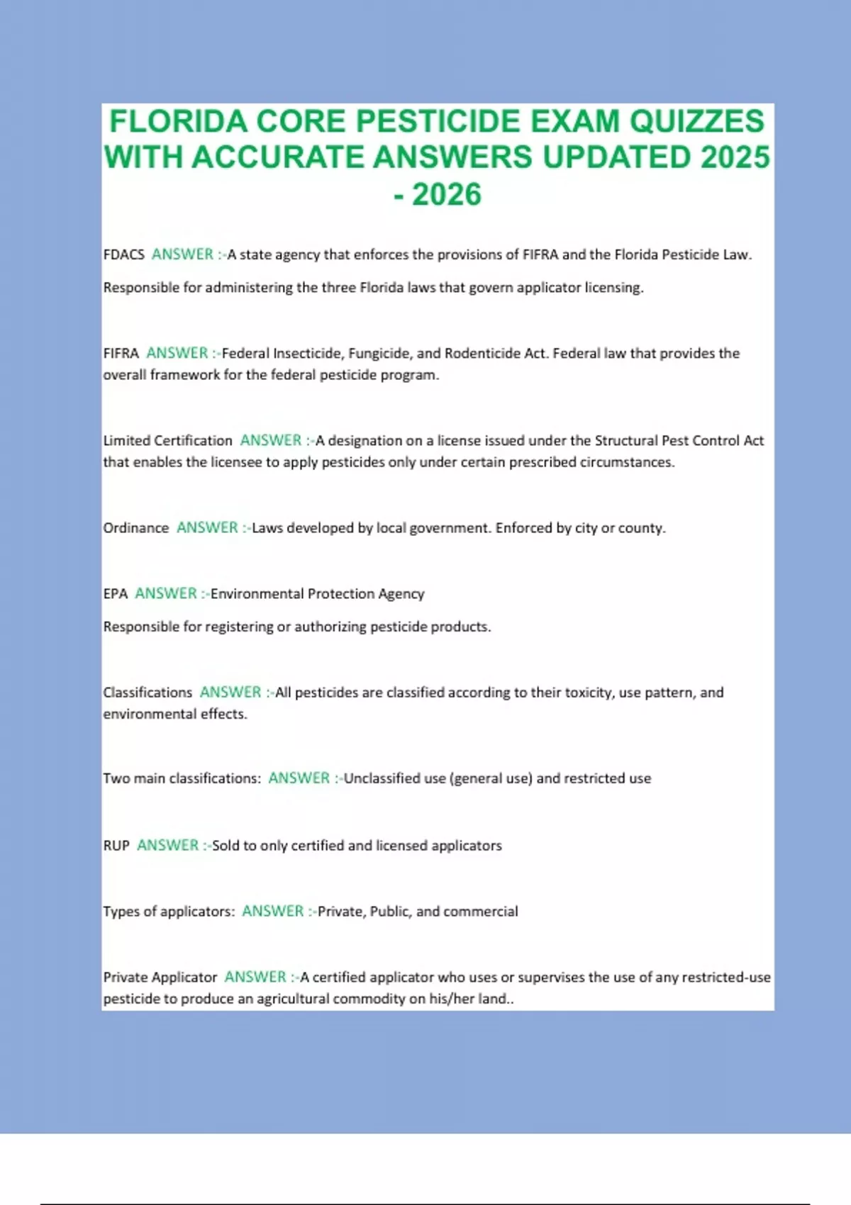 FLORIDA CORE PESTICIDE EXAM QUIZZES WITH ACCURATE ANSWERS UPDATED ...