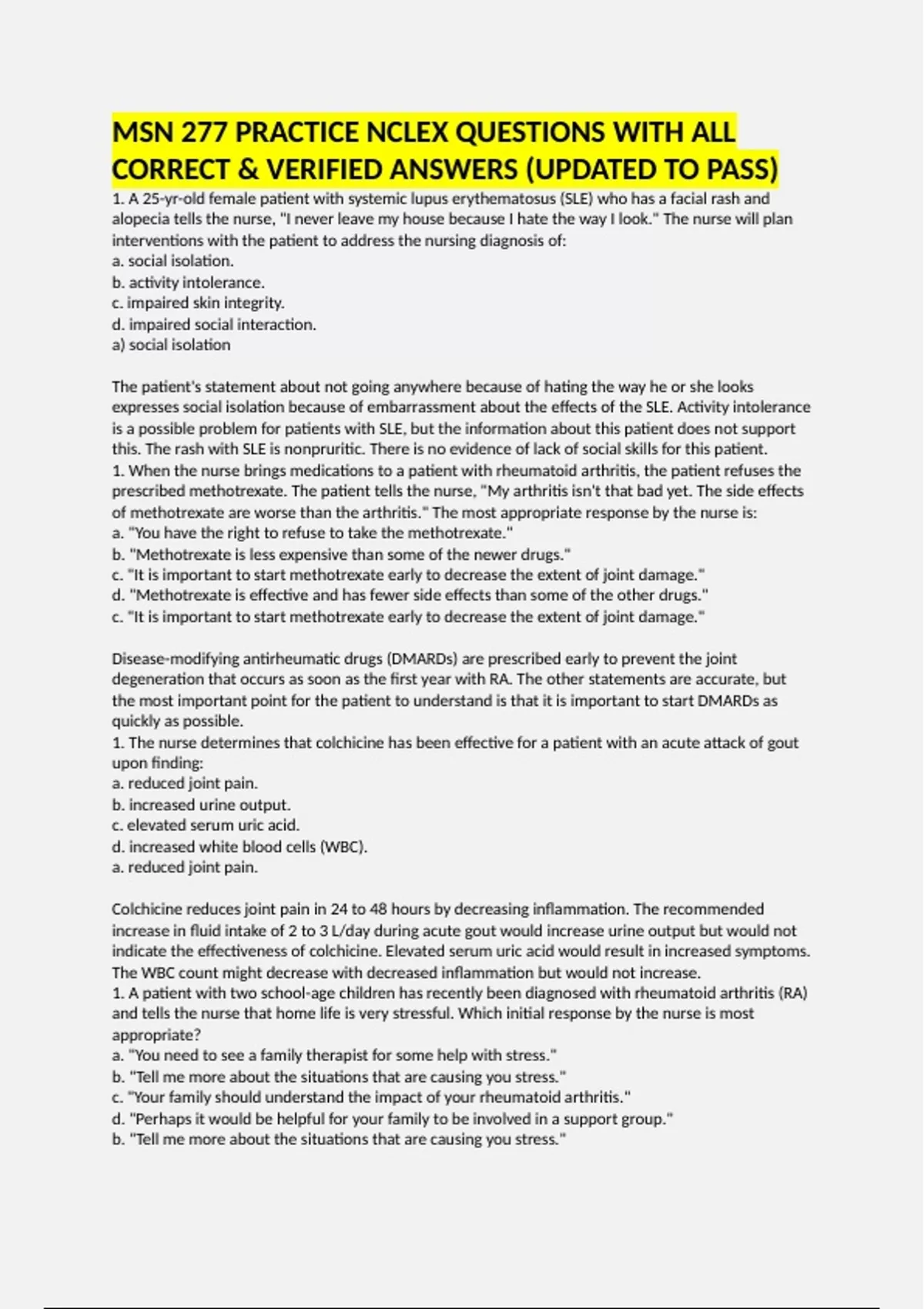 MSN 277 PRACTICE NCLEX QUESTIONS WITH ALL CORRECT & VERIFIED ANSWERS ...