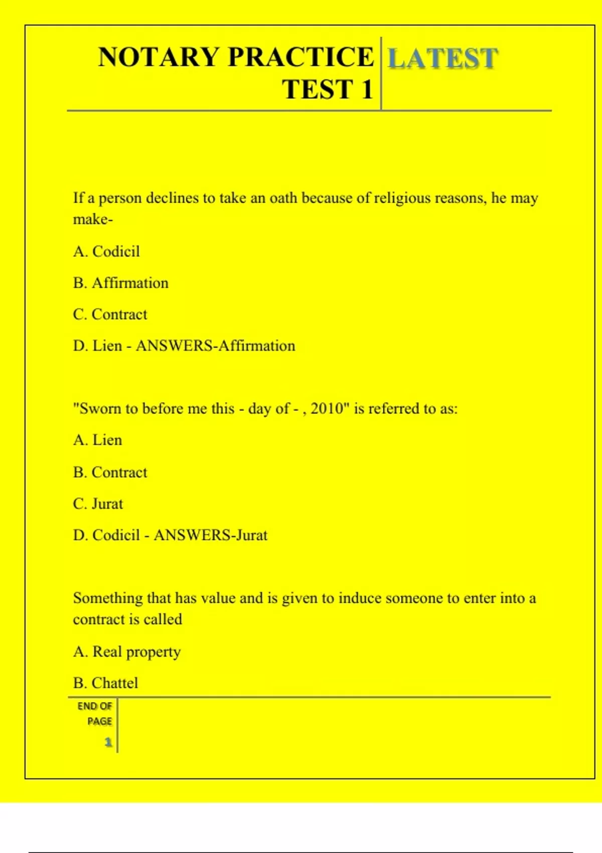 NOTARY PRACTICE TEST 1 QUESTIONS AND ANSWERS 2025 - Notary - Stuvia US