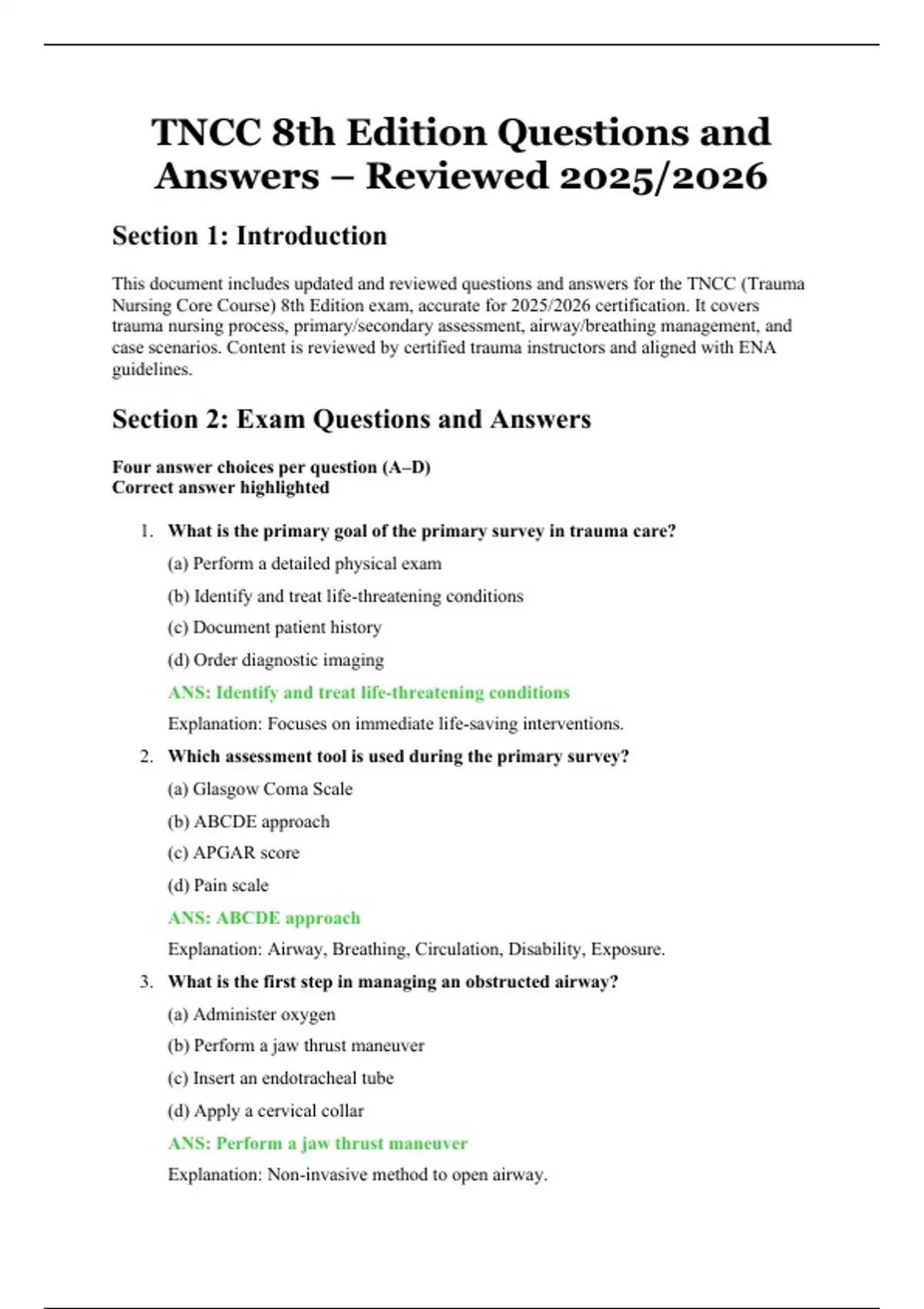 TNCC 8th Edition – Questions and Answers – Reviewed and Verified – 2025 ...