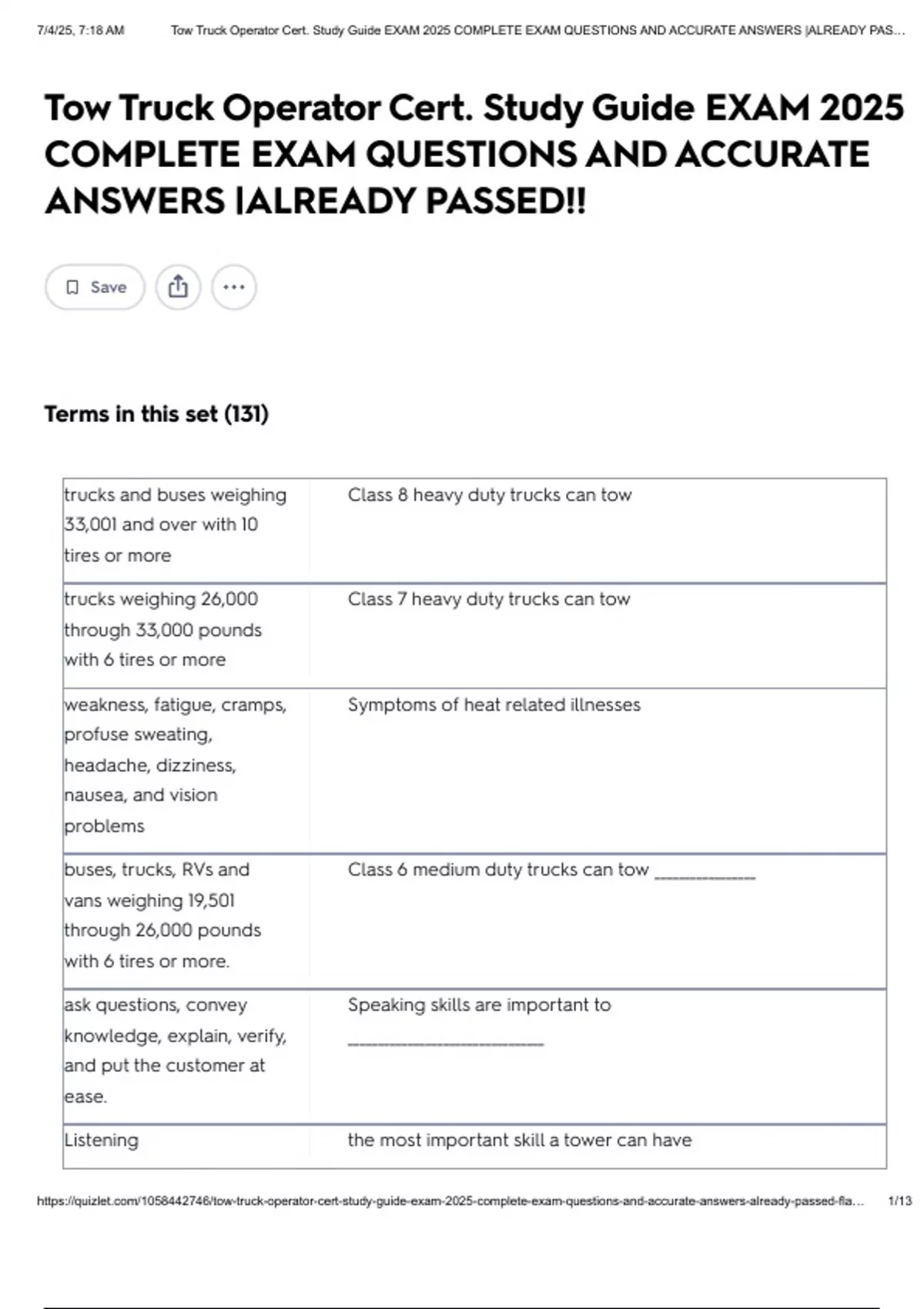 Tow Truck Operator Cert. Study Guide EXAM 2025 COMPLETE EXAM QUESTIONS ...