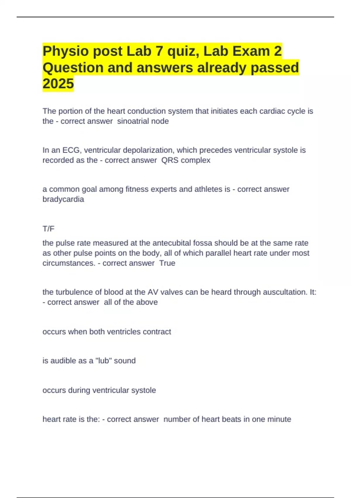 Physio post Lab 7 quiz, Lab Exam 2 Question and answers already passed ...
