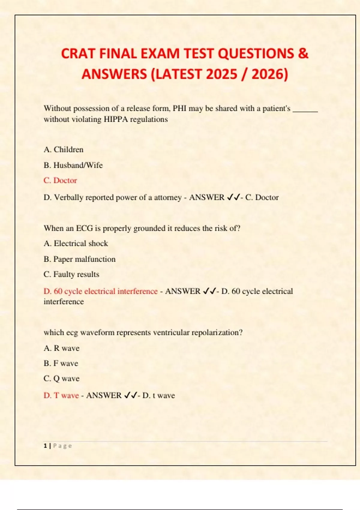 CRAT Final Exam Questions & Answers 2025/2026: HIPAA, ECG, Dysrhythmias ...