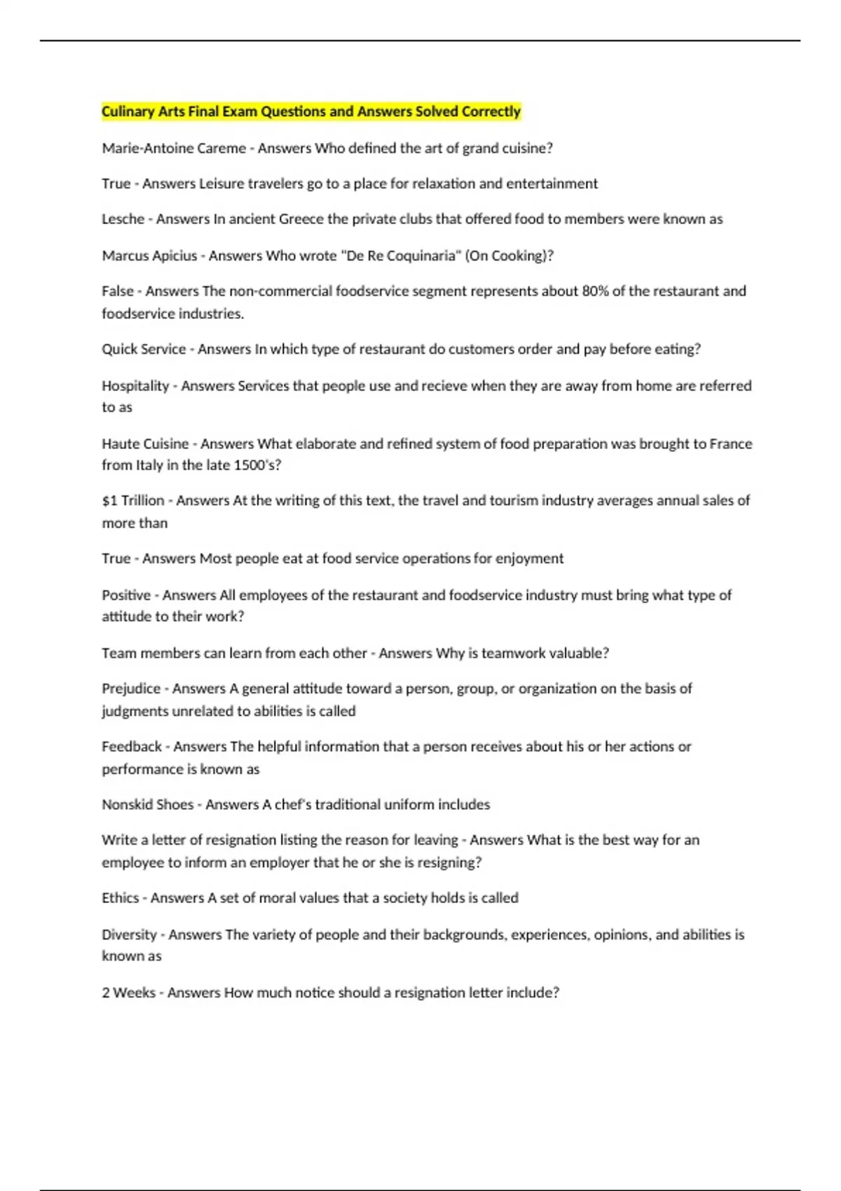 Culinary Arts Final Exam Questions and Answers Solved Correctly ...
