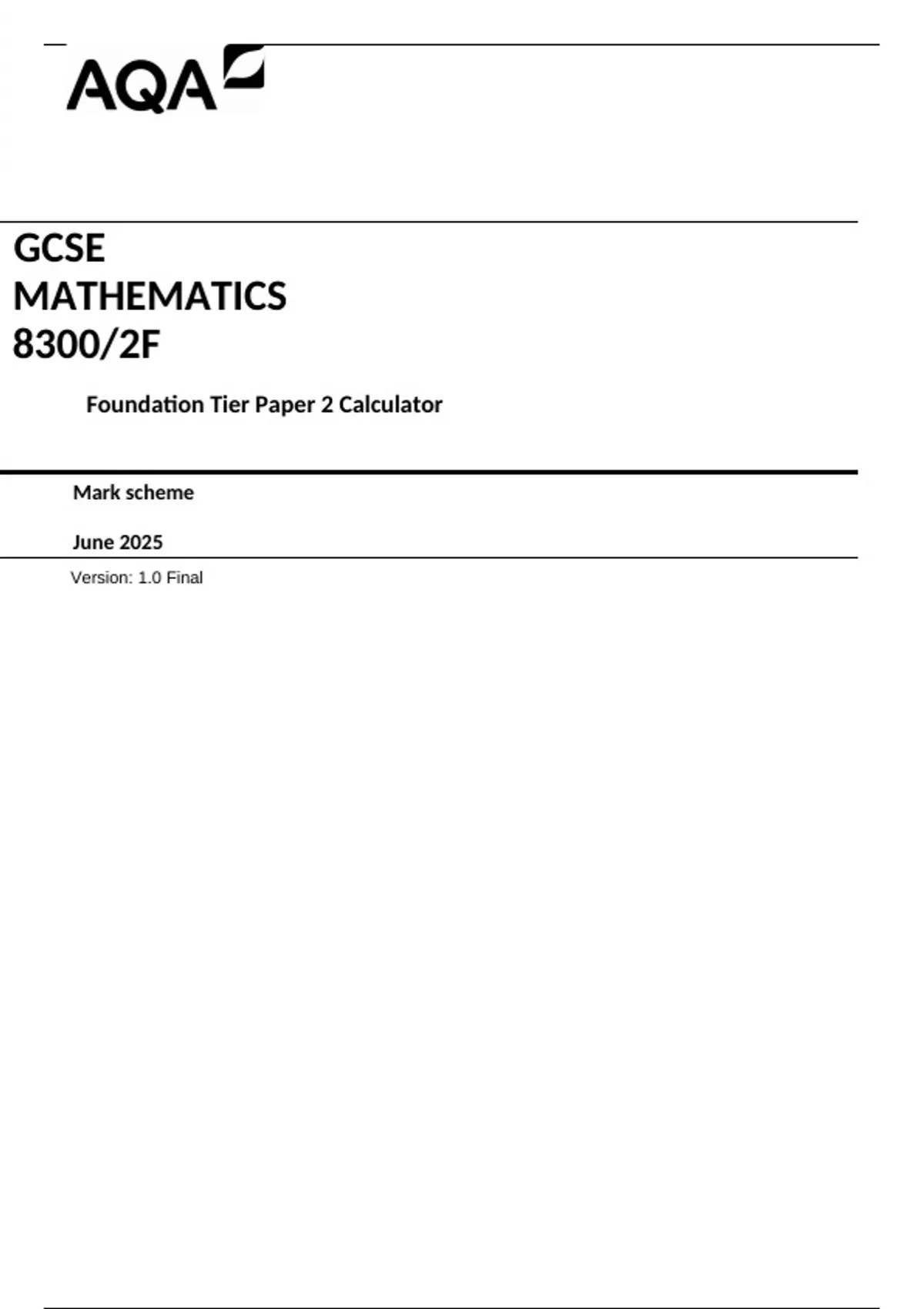 2025 AQA GCSE Maths Foundation Paper 2 – MARKING SCHEME - Math - Stuvia US
