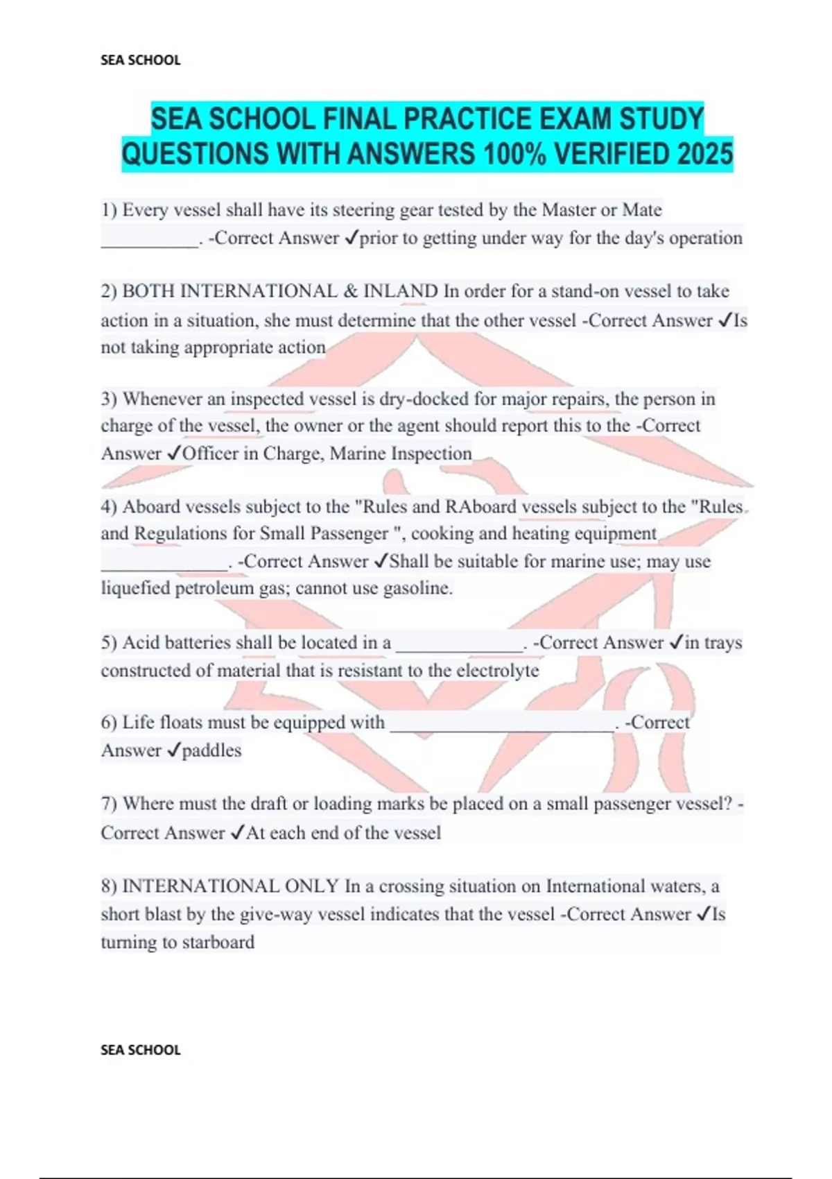 SEA SCHOOL FINAL PRACTICE EXAM STUDY QUESTIONS WITH ANSWERS 100% ...
