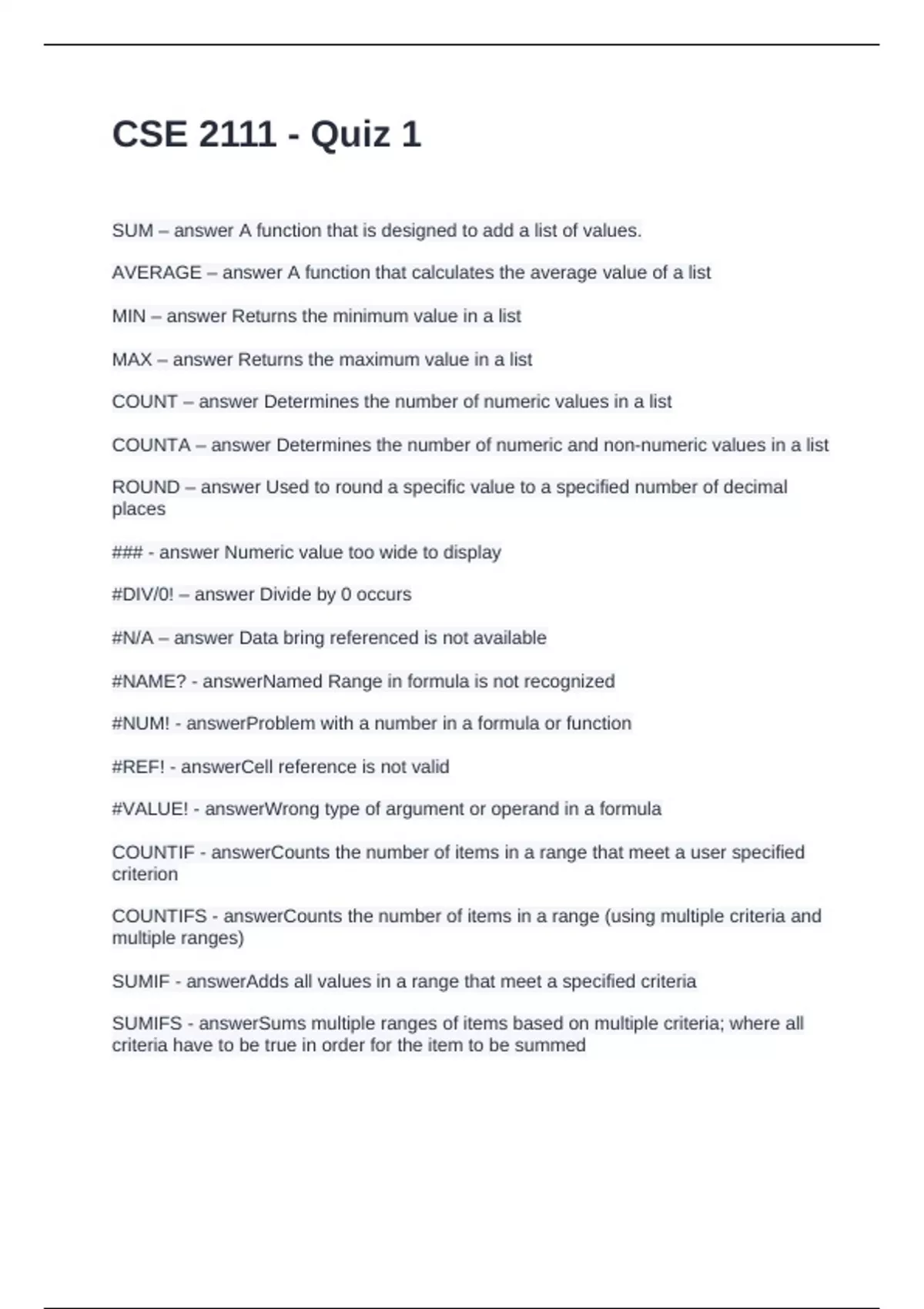 CSE 2111 - Quiz 1 Questions and Answers 100% Correct - CSE - Stuvia US