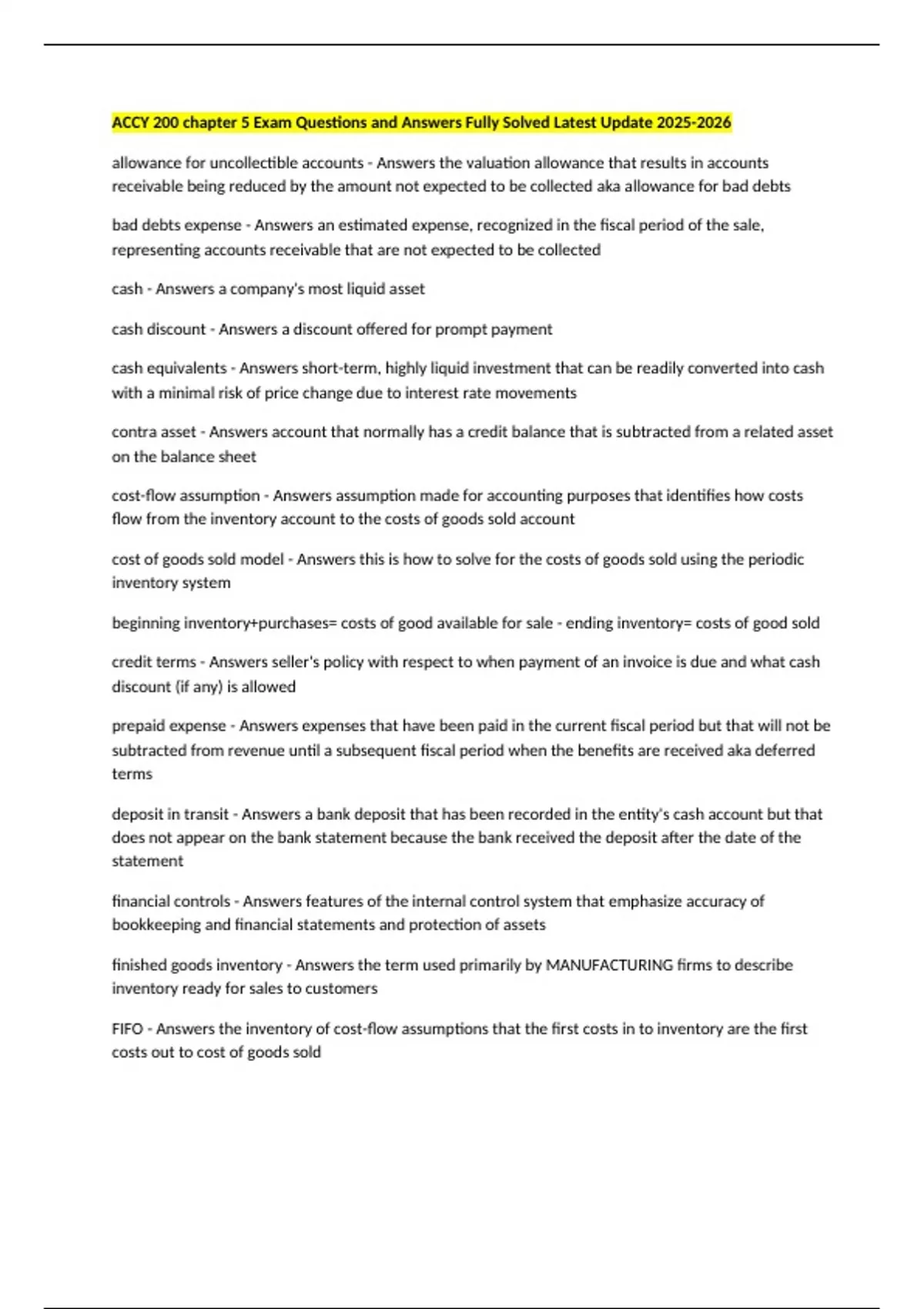 ACCY 200 chapter 5 Exam Questions and Answers Fully Solved Latest ...