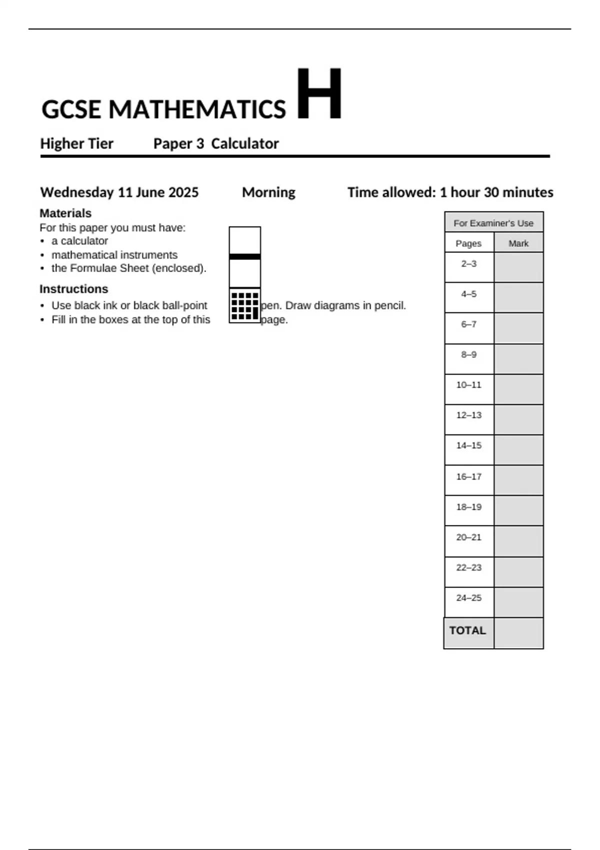 2025 AQA GCSE MathsHigher Paper 3 – Full Exam Document Questions and ...