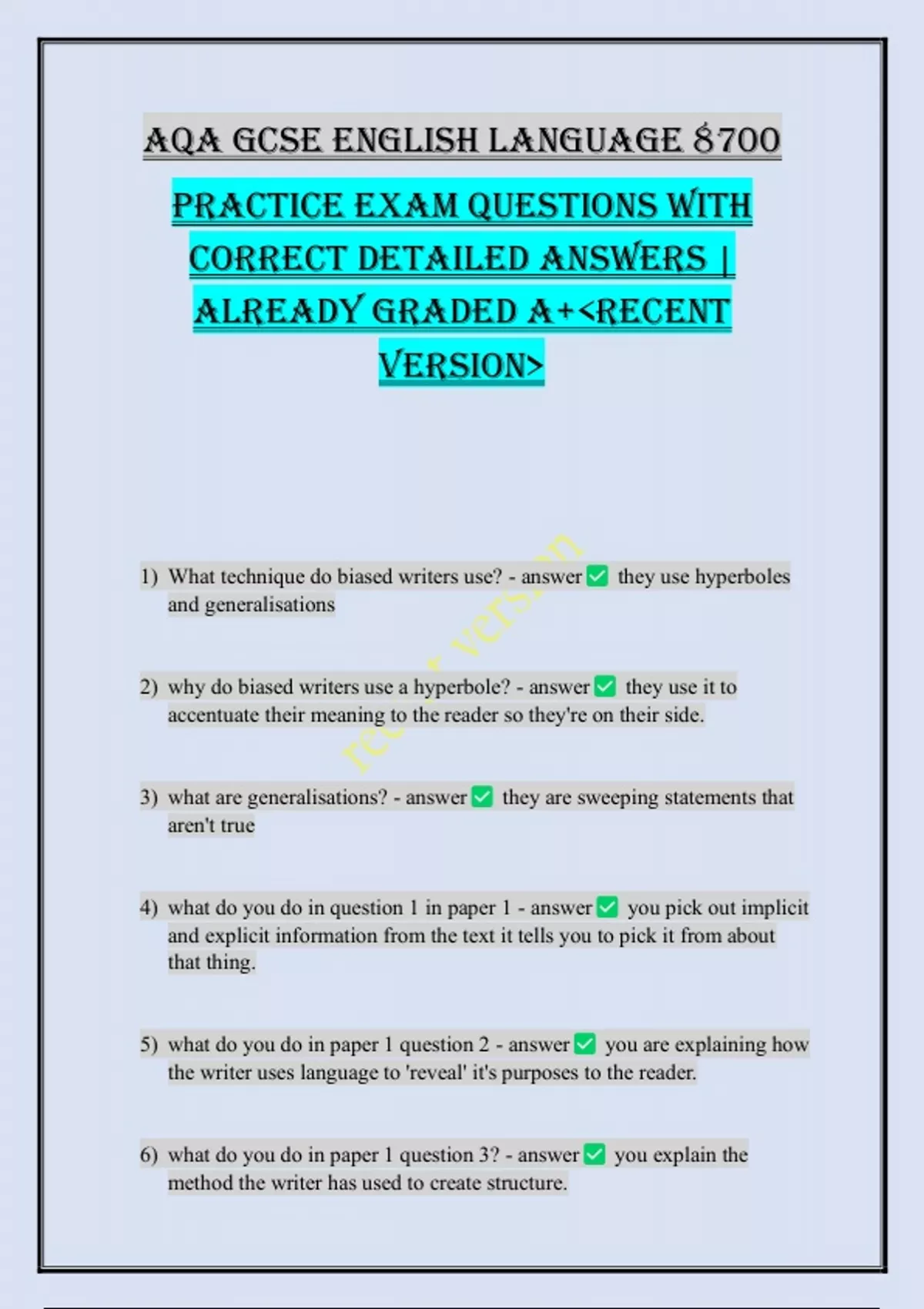 AQA GCSE ENGLISH LANGUAGE 8700 PRACTICE EXAM QUESTIONS WITH CORRECT ...