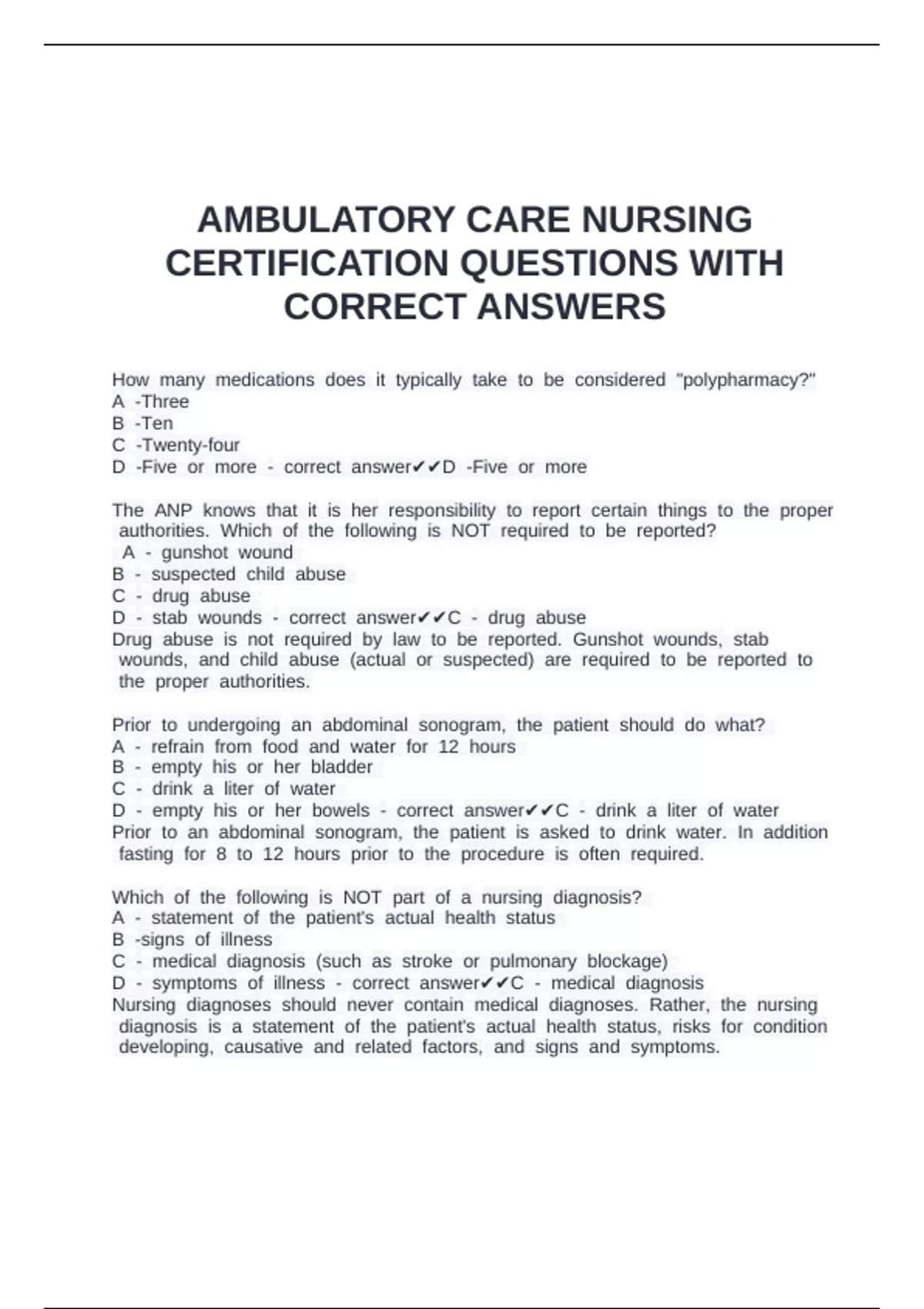 AMBULATORY CARE NURSING CERTIFICATION QUESTIONS WITH CORRECT ANSWERS ...