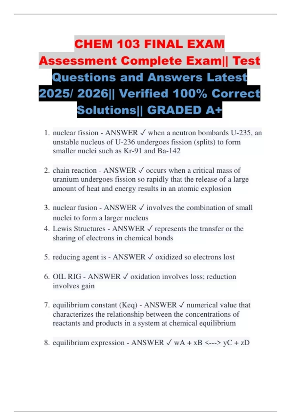 CHEM 103 FINAL EXAM Assessment Complete Exam|| Test Questions and ...