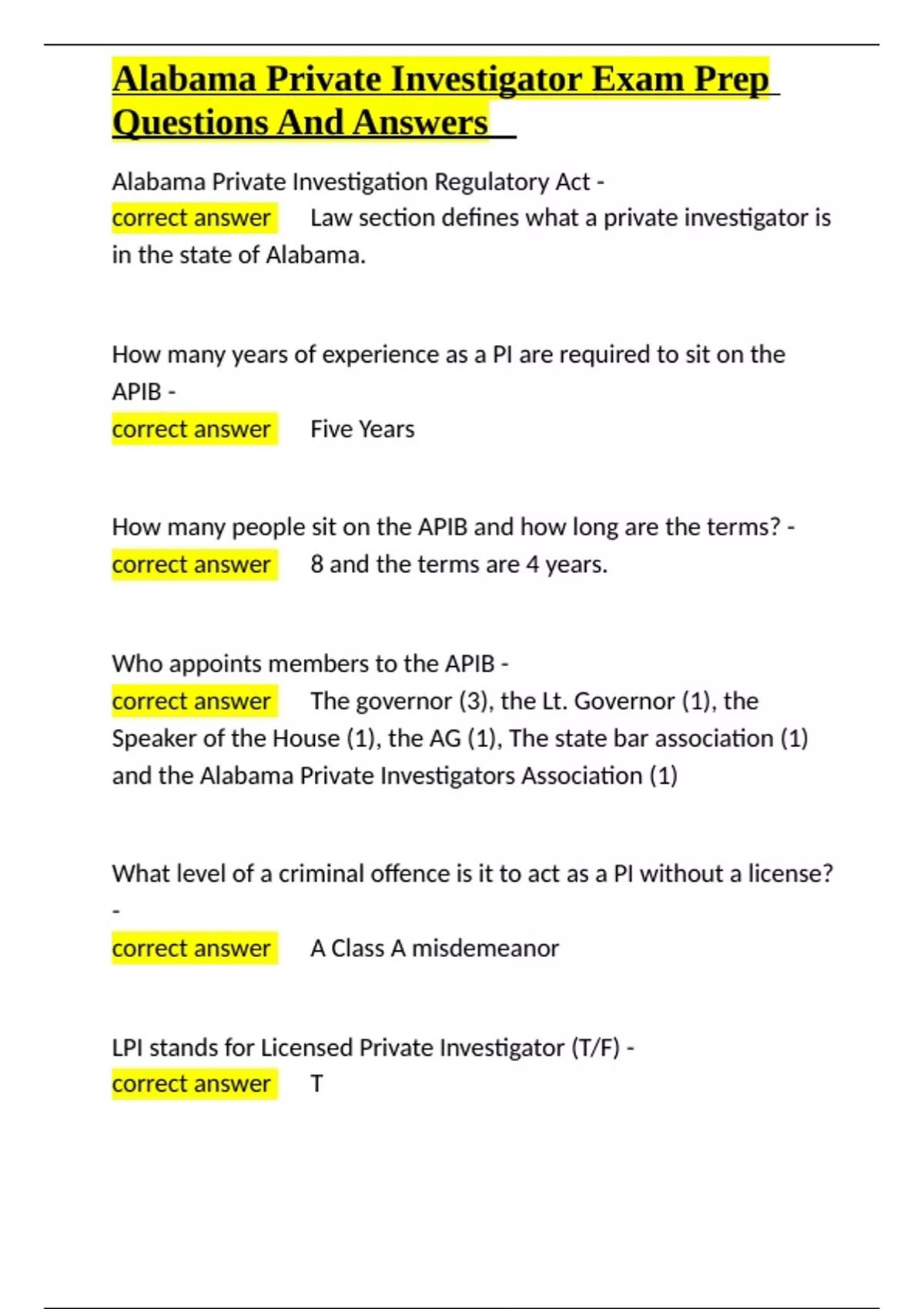Alabama Private Investigator Exam Prep Questions And Answers.docx ...