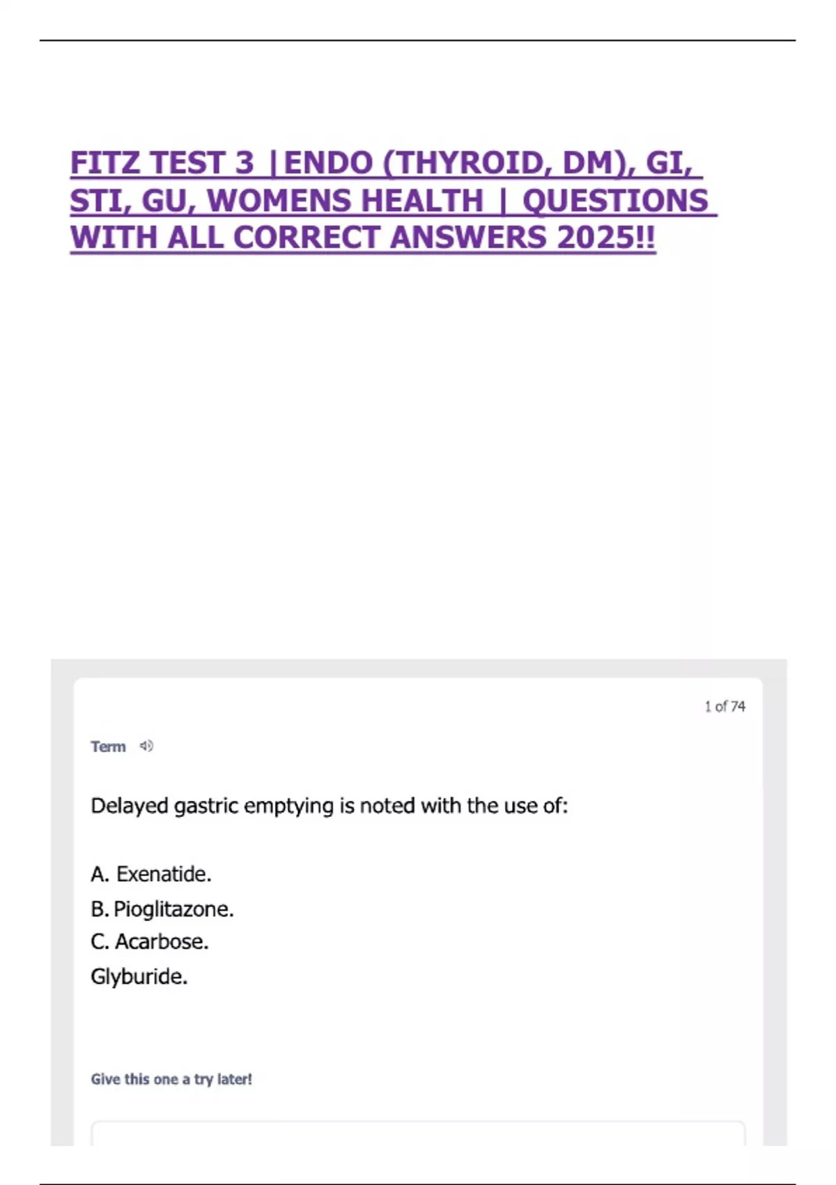FITZ TEST 3 |ENDO (THYROID, DM), GI, STI, GU, WOMENS HEALTH | QUESTIONS ...