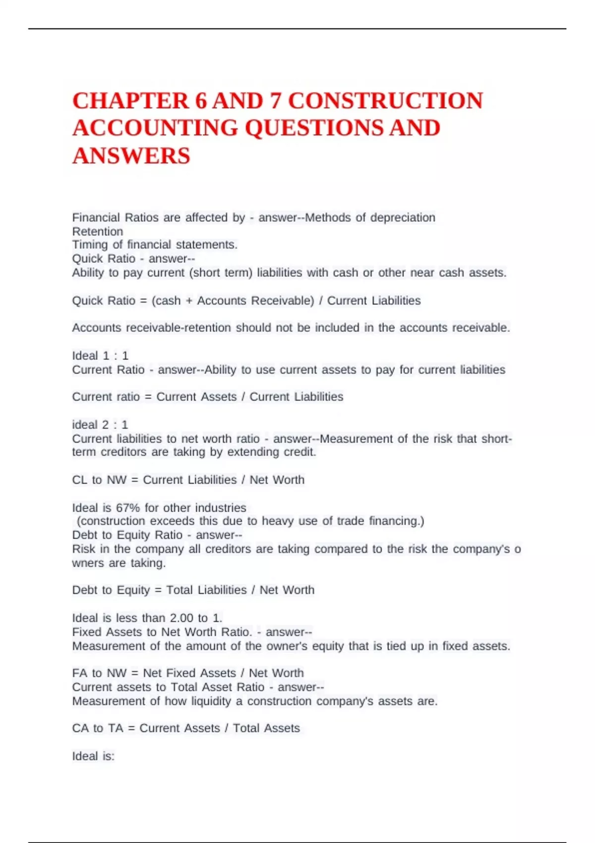 CHAPTER 6 AND 7 CONSTRUCTION ACCOUNTING QUESTIONS AND ANSWERS ...