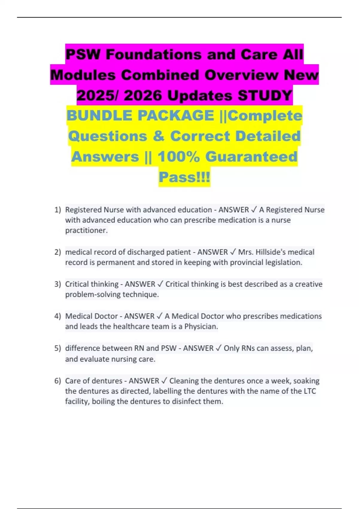 PSW Foundations and Care All Modules Combined Overview New 2025/ 2026 ...