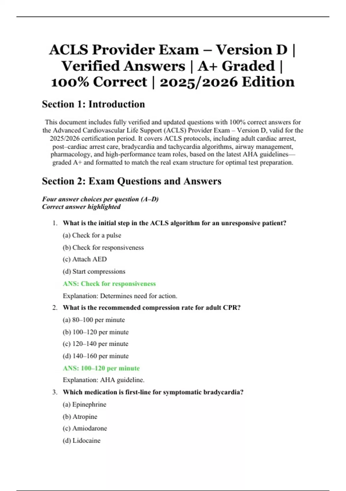ACLS Provider Exam – Version D – Verified Answers – A+ Graded – 100% ...