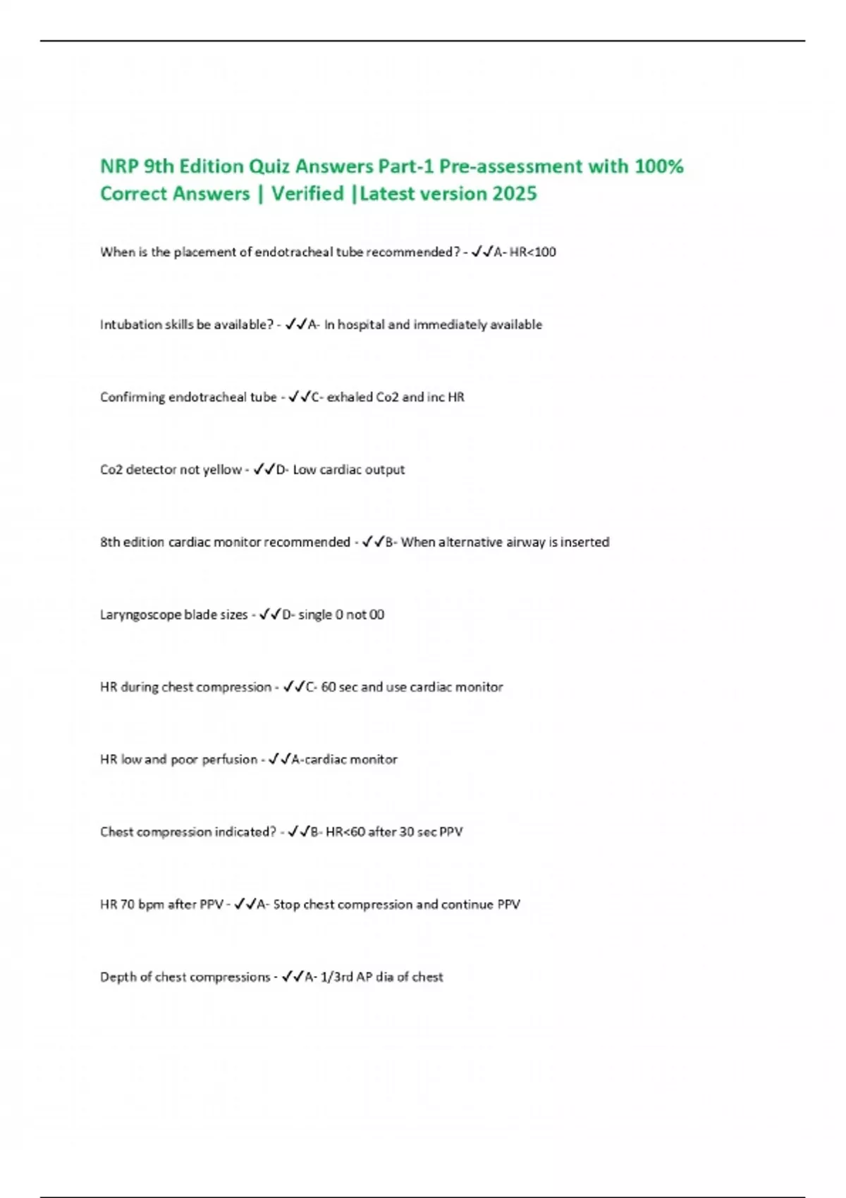 NRP 9th Edition Quiz Answers Part-1 Pre-assessment with 100% Correct ...