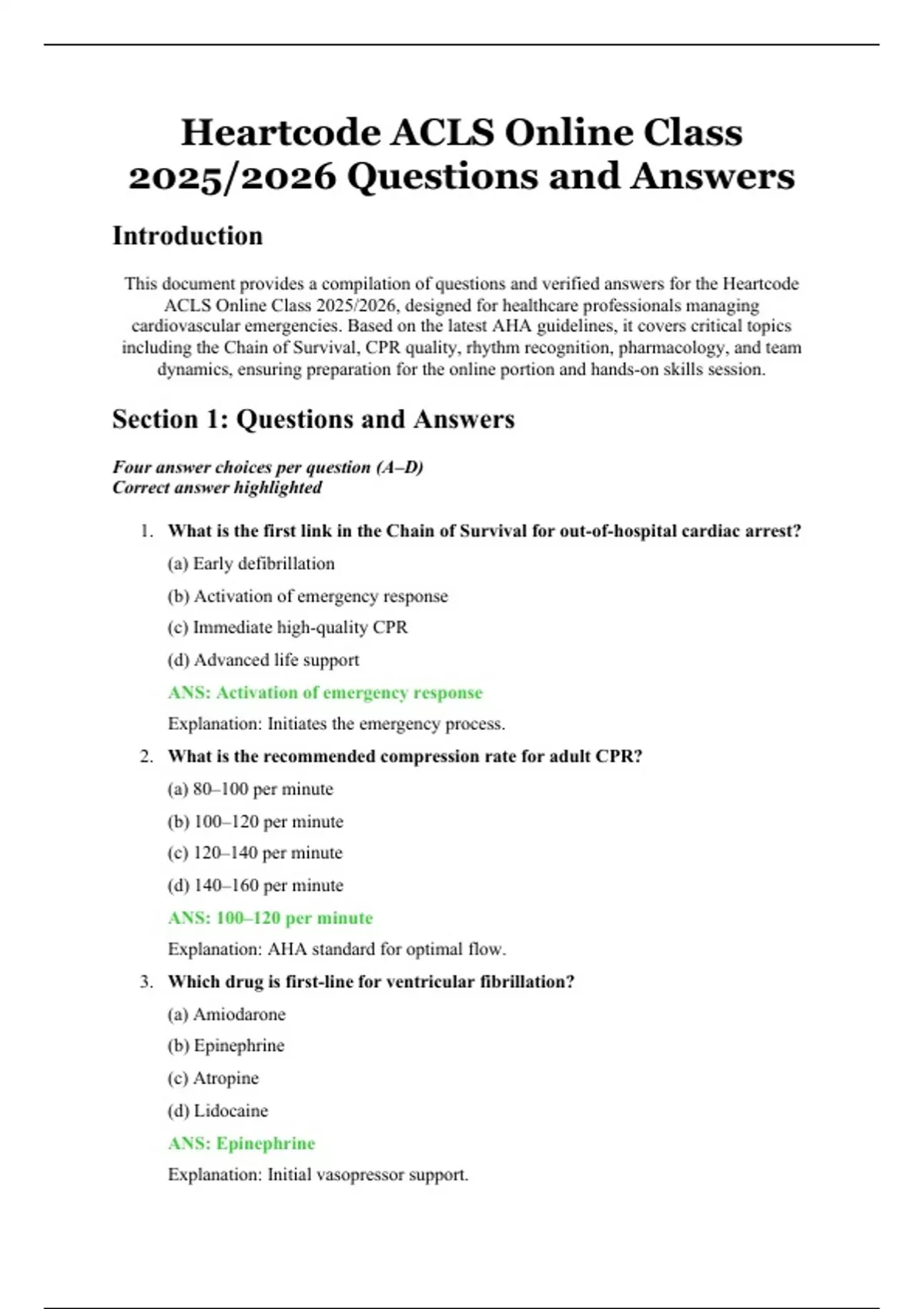 HeartCode ACLS Online Class – Questions and Verified Answers – A+ ...