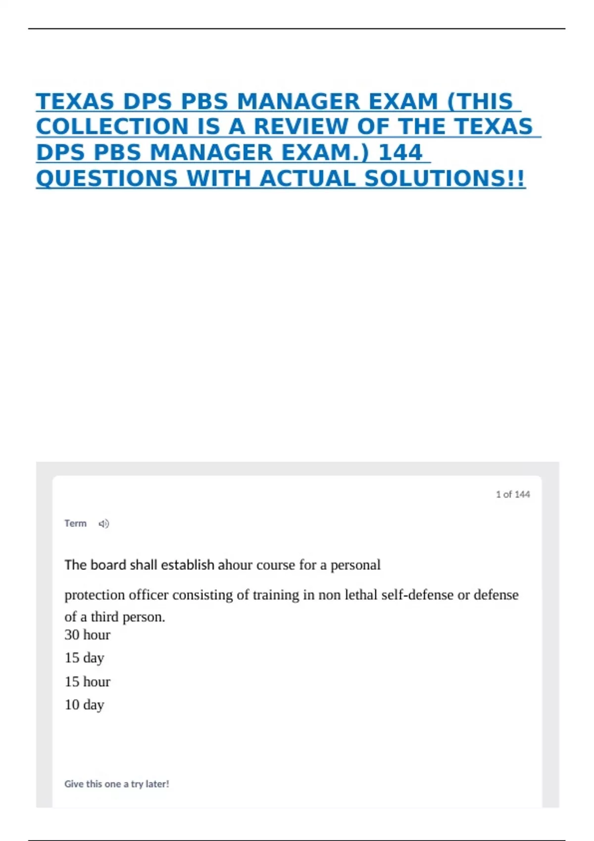 TEXAS DPS PBS MANAGER EXAM (THIS COLLECTION IS A REVIEW OF THE TEXAS ...