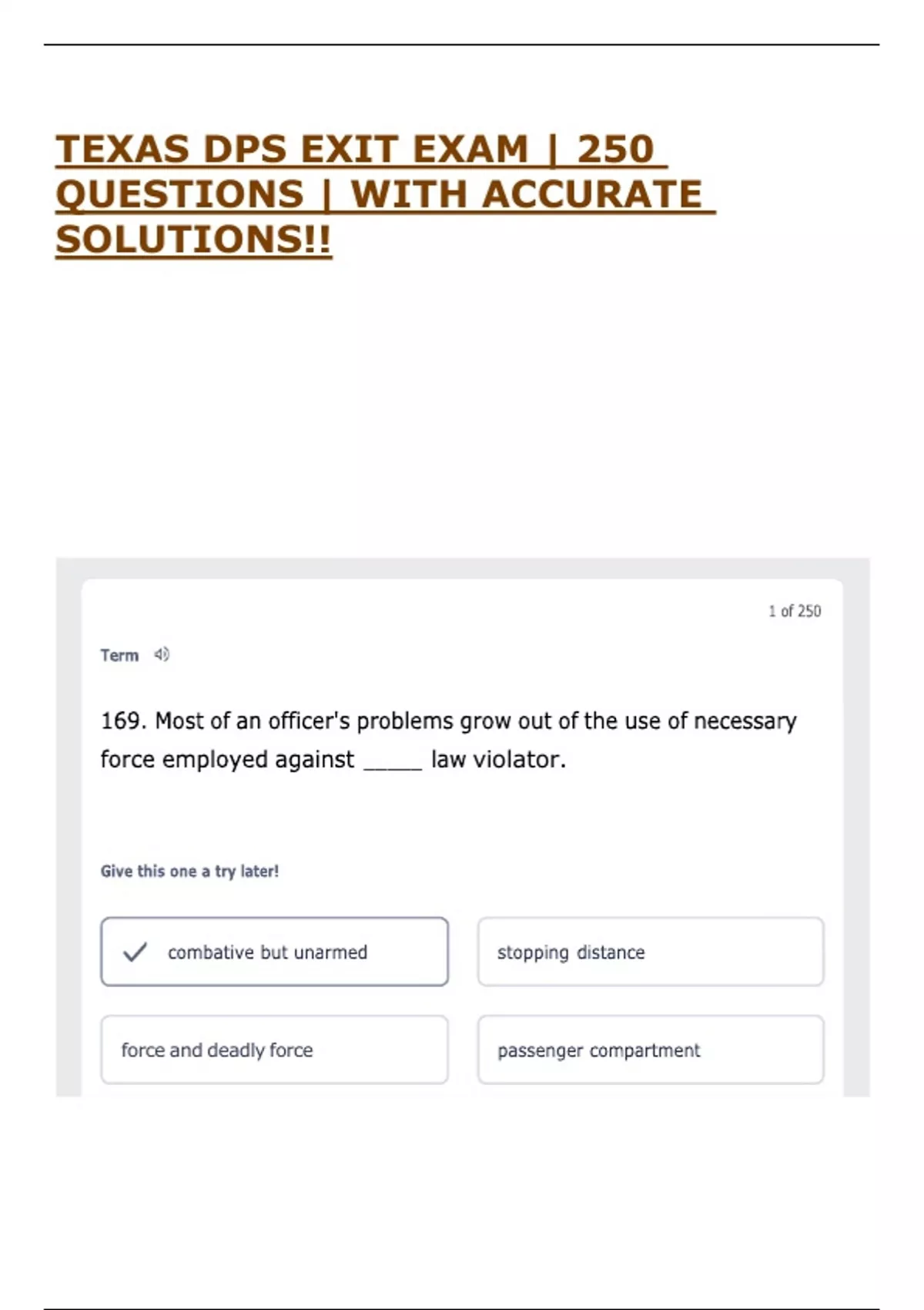 TEXAS DPS EXIT EXAM | 250 QUESTIONS | WITH ACCURATE SOLUTIONS!! - TEXAS ...