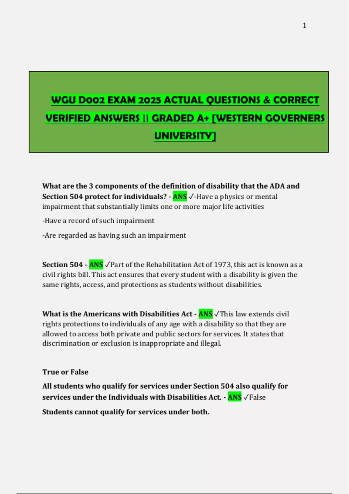 WGU D002 EXAM 2025 ACTUAL QUESTIONS & CORRECT VERIFIED ANSWERS || GRADED A+ [WESTERN GOVERNERS ...