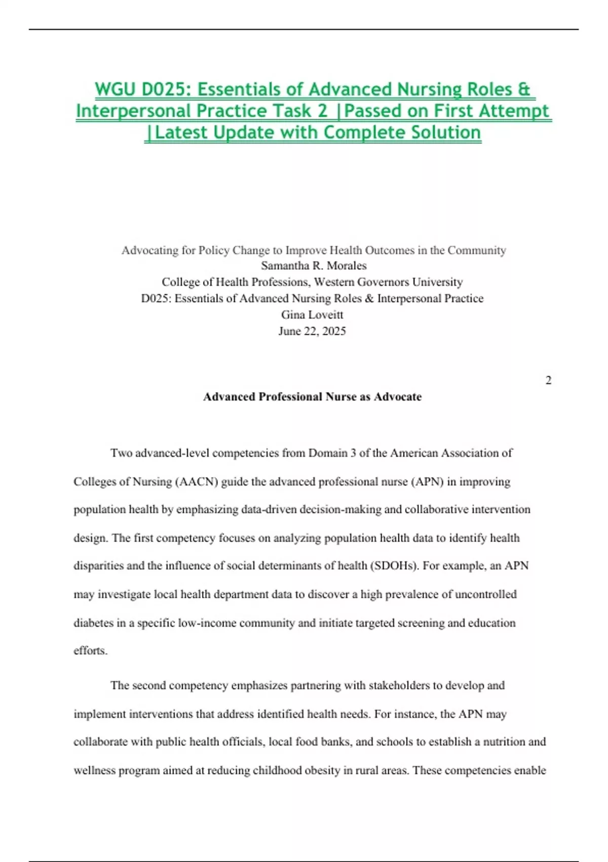 WGU D025: Essentials of Advanced Nursing Roles & Interpersonal Practice ...