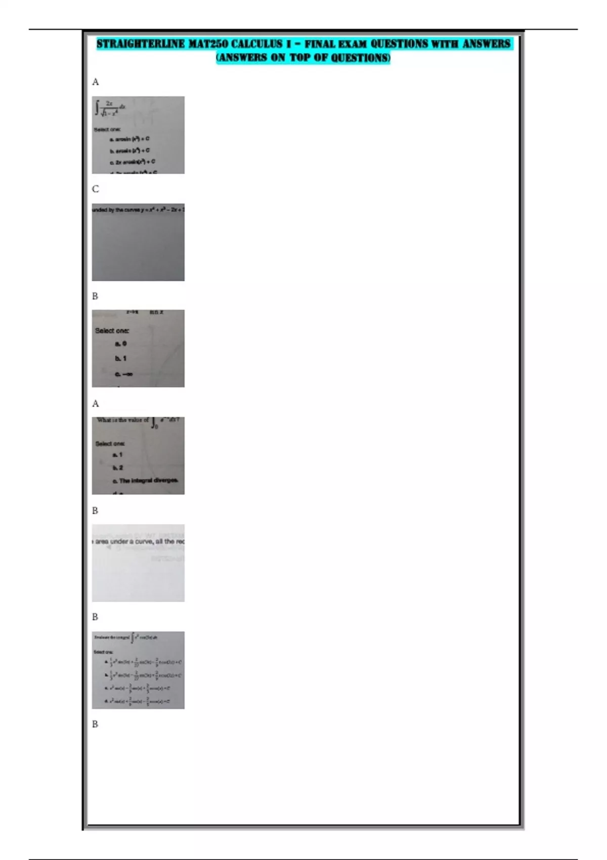 STRAIGHTERLINE MAT250 CALCULUS I - FINAL EXAM QUESTIONS WITH ANSWERS ...