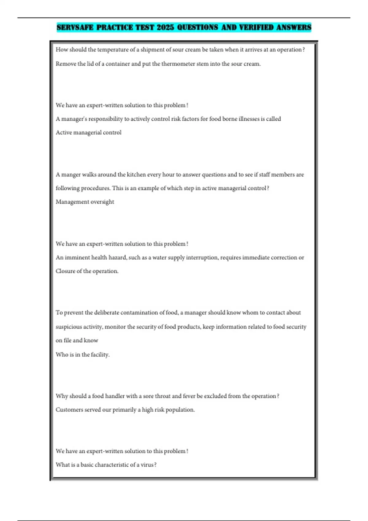 SERVSAFE PRACTICE TEST 2025 QUESTIONS AND VERIFIED ANSWERS - SERVSAFE ...