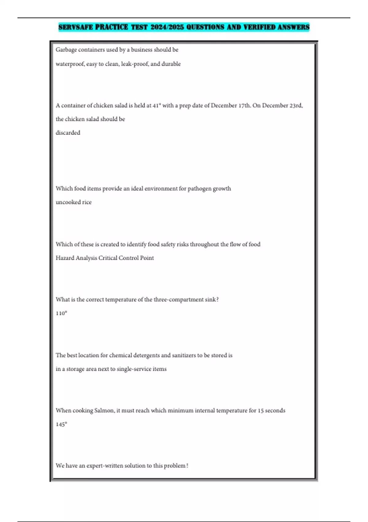 SERVSAFE PRACTICE TEST 2024/2025 QUESTIONS AND VERIFIED ANSWERS ...