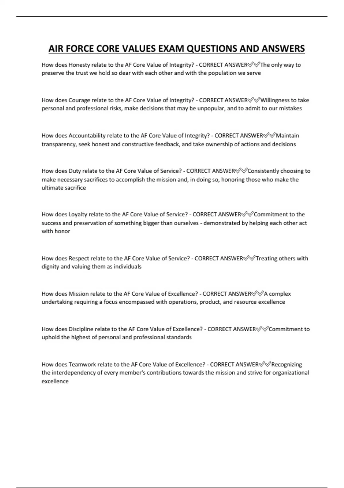 AIR FORCE CORE VALUES EXAM QUESTIONS AND ANSWERS - AIR FORCE CORE ...